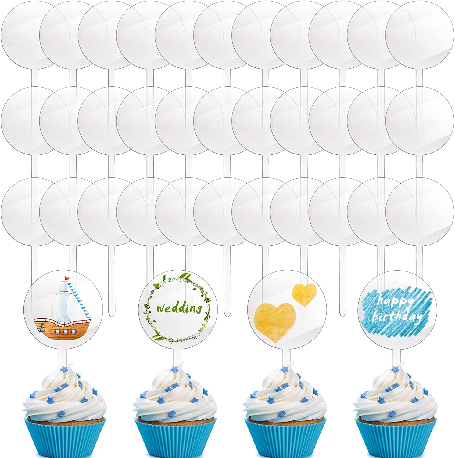 48 Pieces 2 Inch Round Acrylic Cupcake Toppers Blank Cupcake Sticks for ...