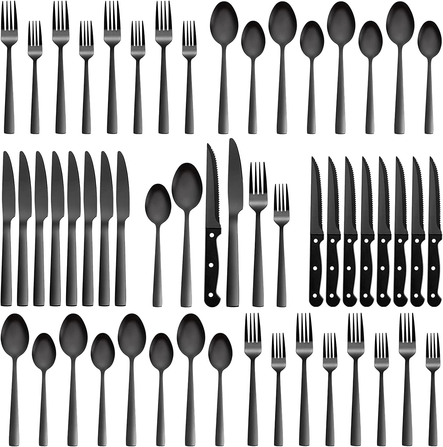 48 Pieces Black Silverware Set with Steak Knives, CEKEE Stainless Steel ...