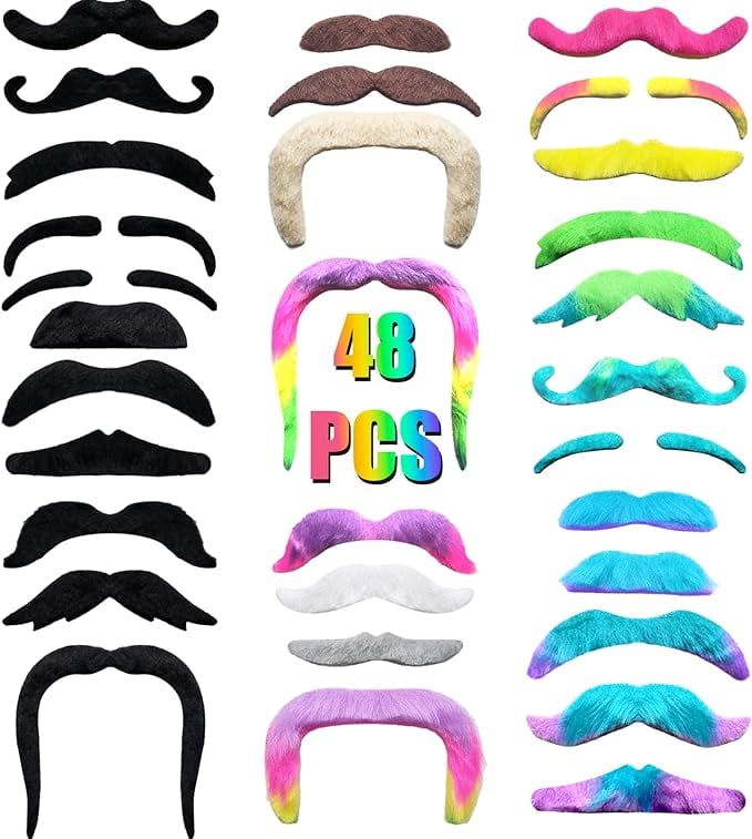 48 Pieces Fake Adhesive Mustaches (COLORS WILL VARY)Colorful Fiesta ...