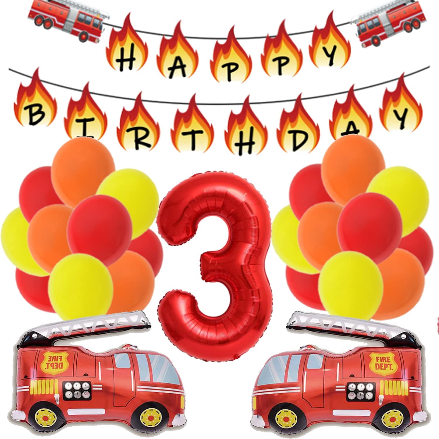 48-Pc Fire Truck Party Decor: Foil & Latex Balloons, Birthday Banner ...
