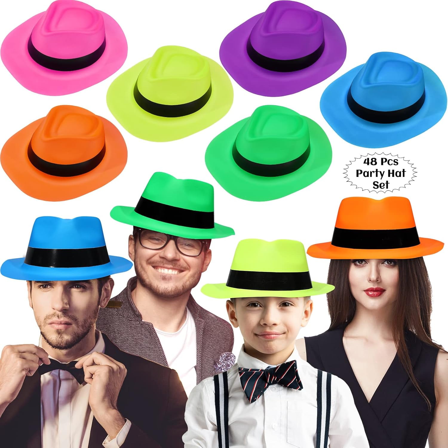 48 Pieces Neon Mafia Style Party Hats - Bright Dress Hats for Gangster ...