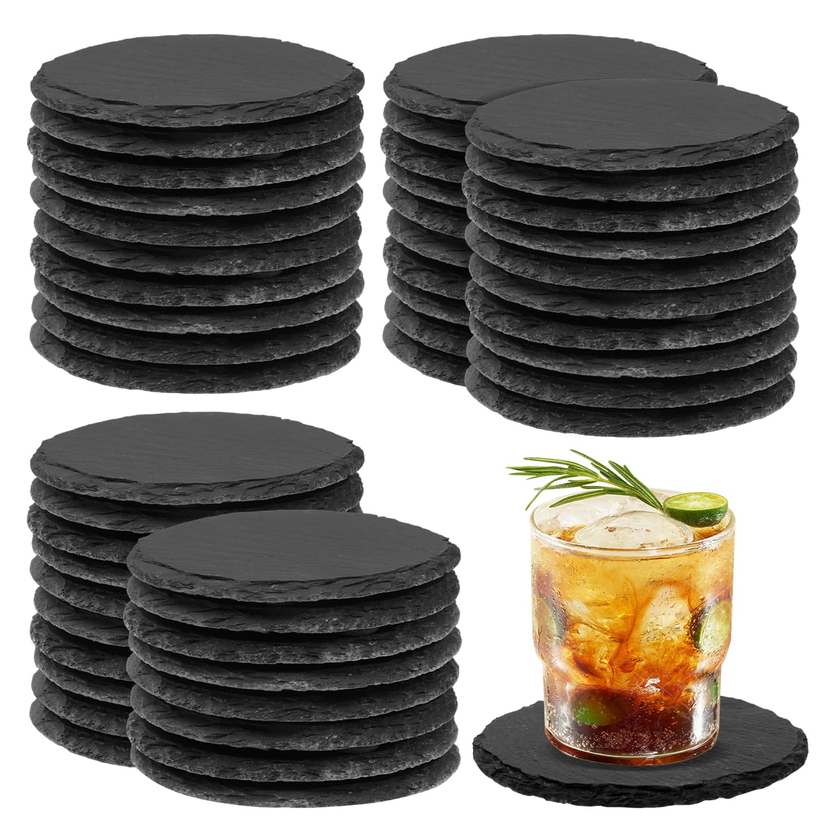 48 Pieces Slate Coasters, Round, Dhfsleo Size 4 x 4 inch Black Coasters ...