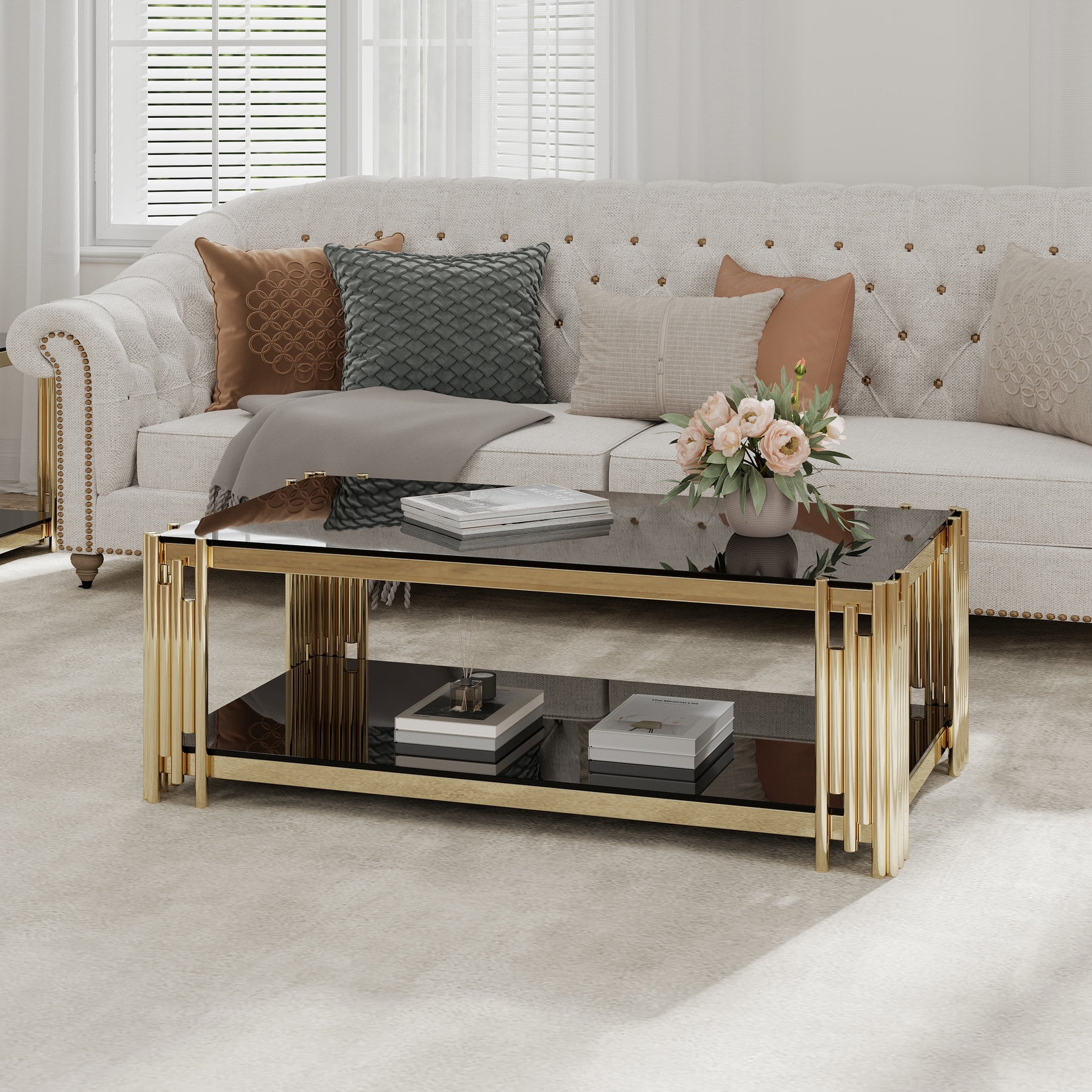 48" Rectangular Glass Table, Golden Stainless Steel Frame ...