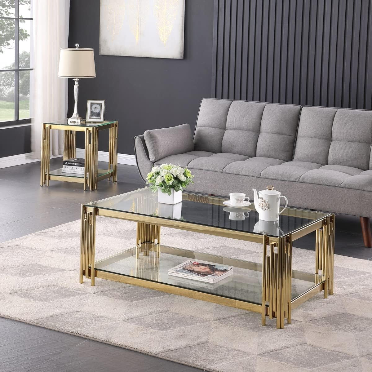 48" Rectangular Gold Coffee Table with Glass Top 2-Tier Center Table ...