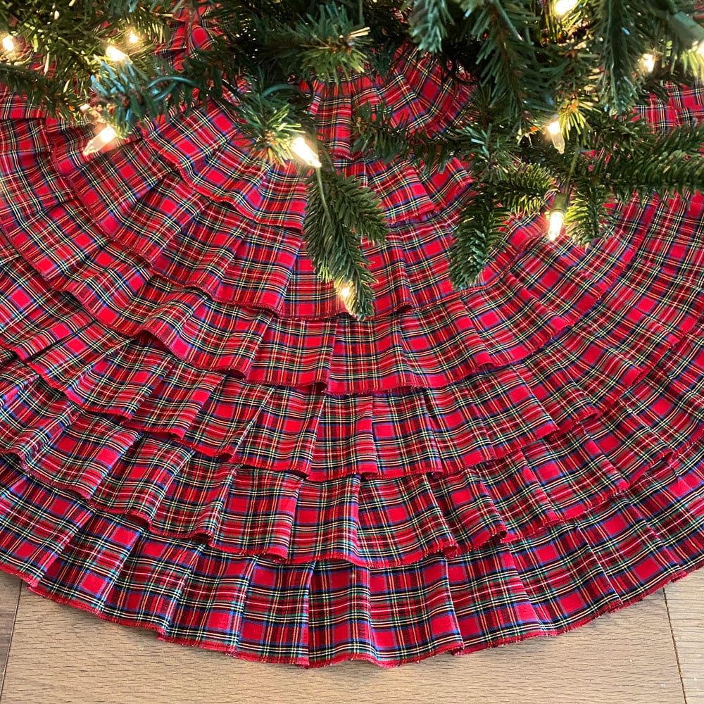 48" Red Tartan Plaid Homespun Cotton Ruffled Christmas Tree Skirt Cabin ...