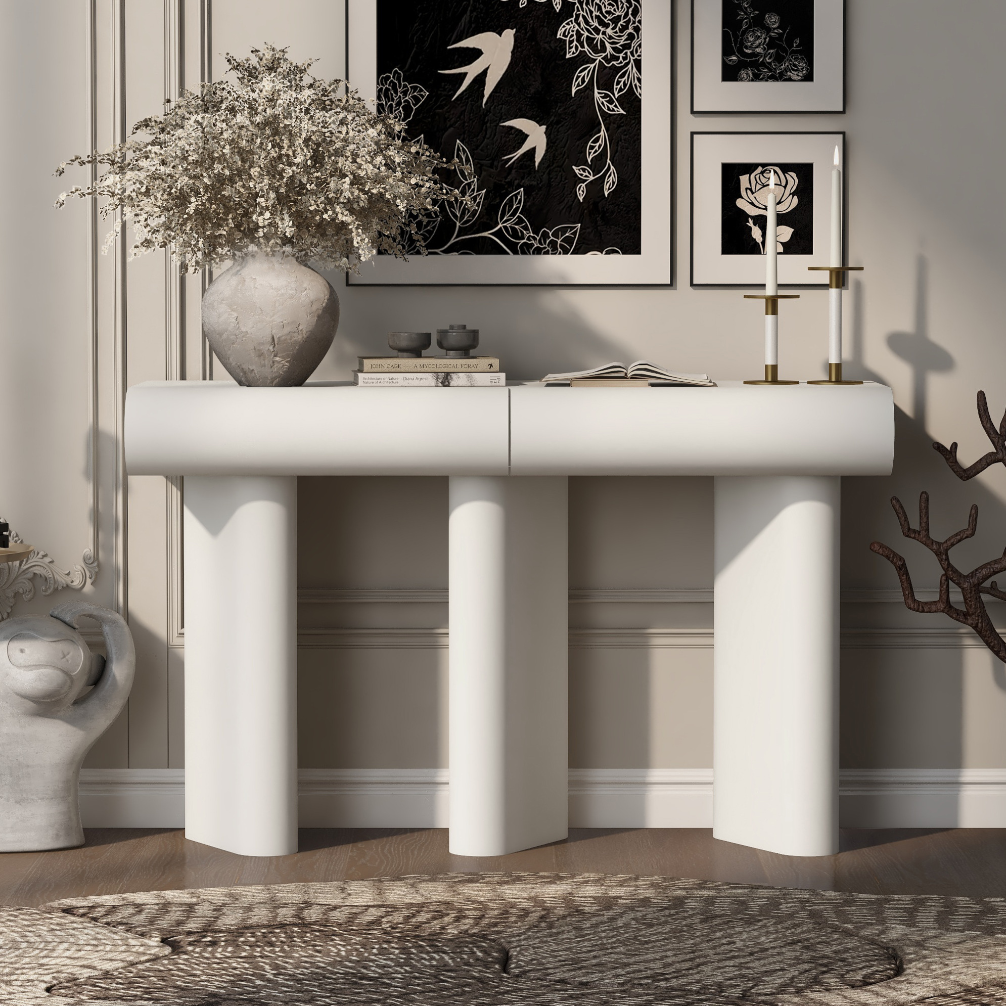 48'' Retro Console Table with 2 Curved Drawers, Farmhouse Entryway ...