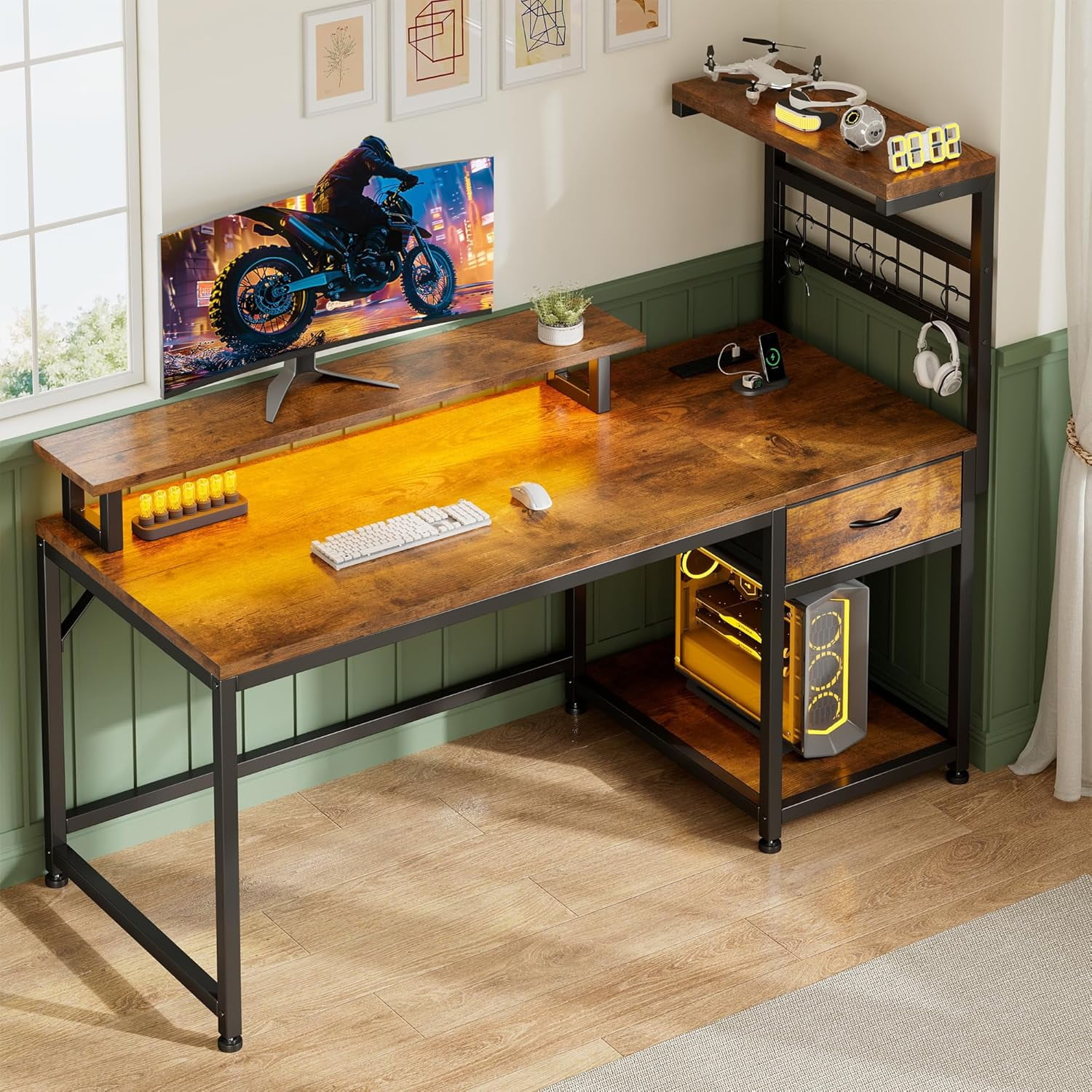 48" Reversible Computer Desk with Power Outlets & LED Lights,Gaming ...