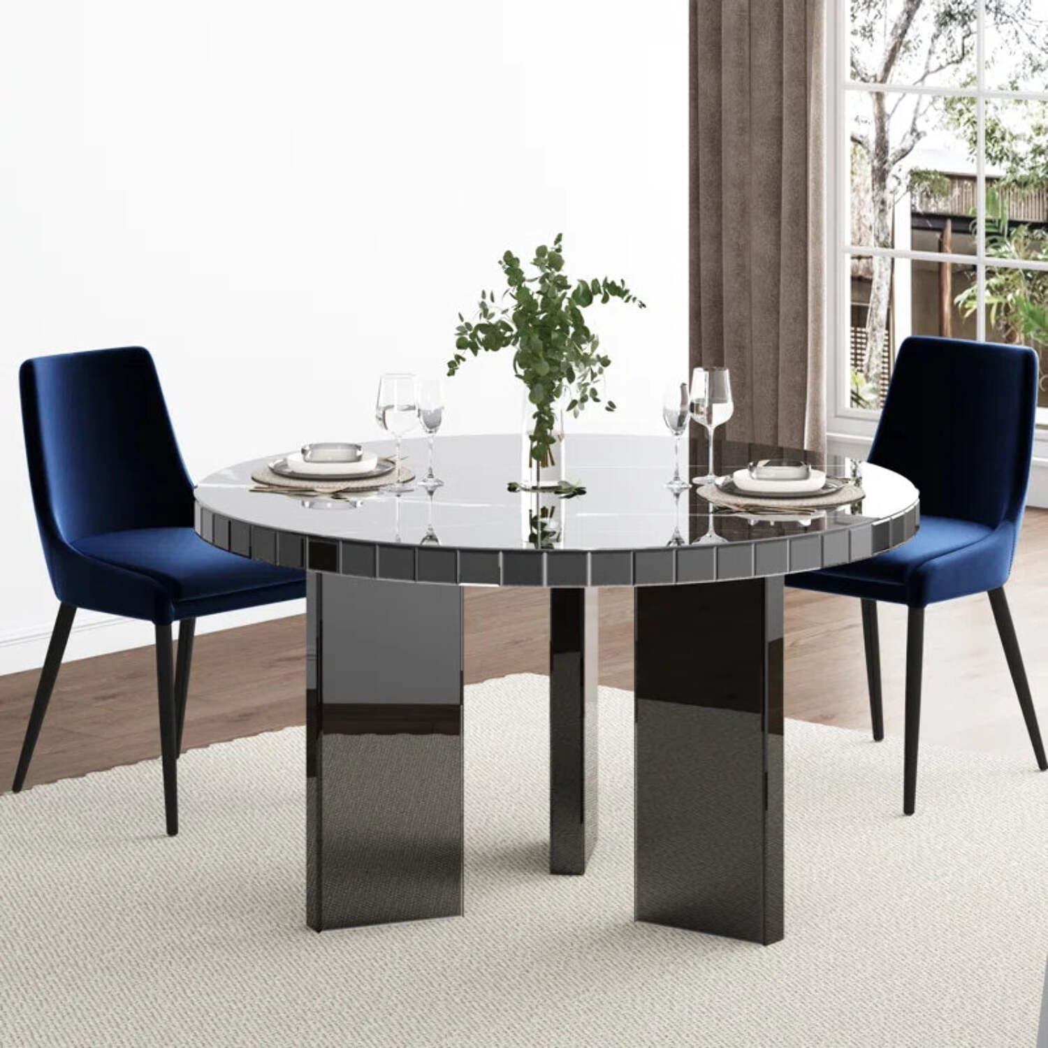 48" Round Faux Marble Mirrored Dining Table Black Mirrored Finish Desk ...