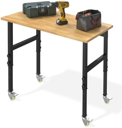 48” Rubberwood Work Bench Work Table with Wheels, Heavy-Duty Adjustable ...