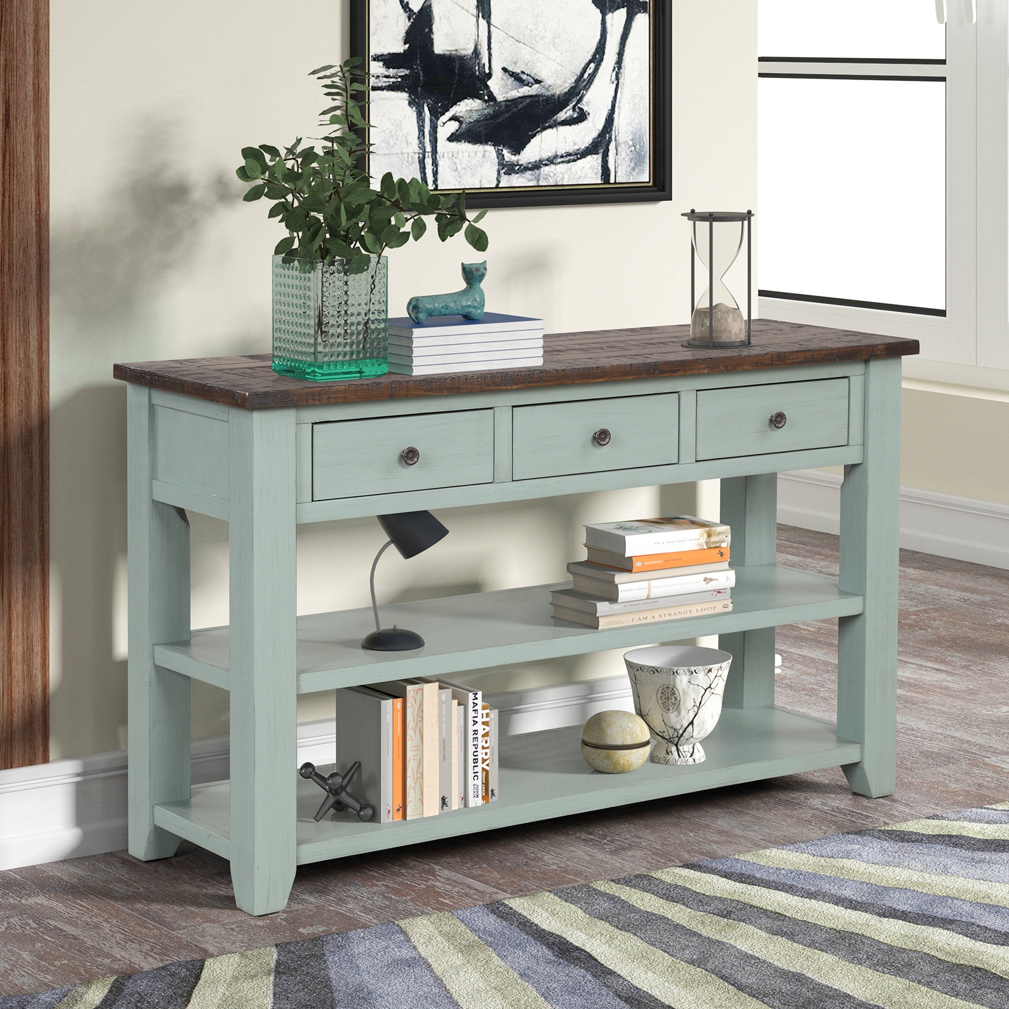 48" Green Rustic Console Table, Solid Pine, 3 Drawers, 2-Tier Storage ...