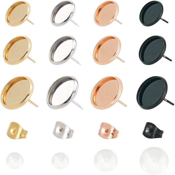 48 Sets 4 Colors 8/10/12mm Hypoallergenic Earring Bezel with Cabochons ...