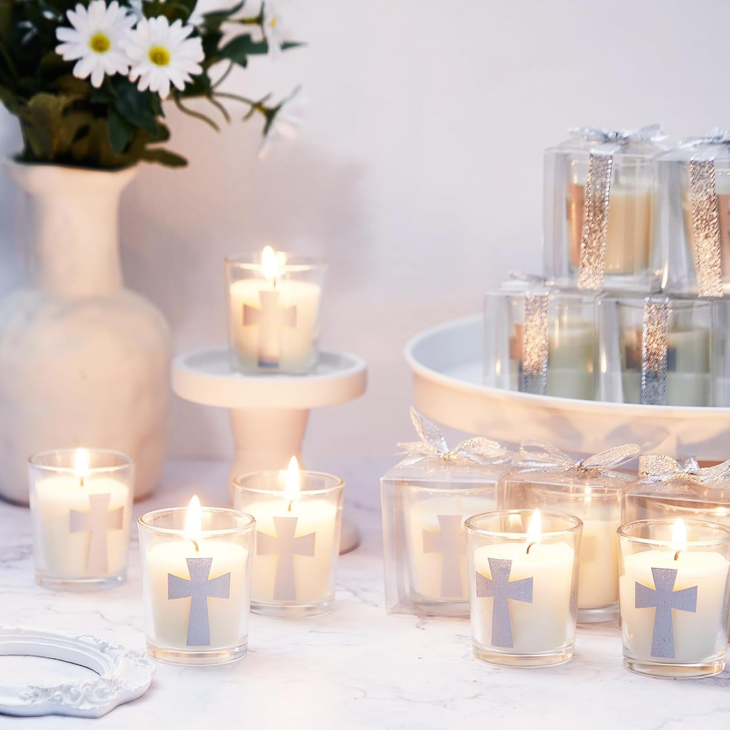 48 Sets Wedding Party Favors Cross Candle Baptism Favors Silver Cross ...