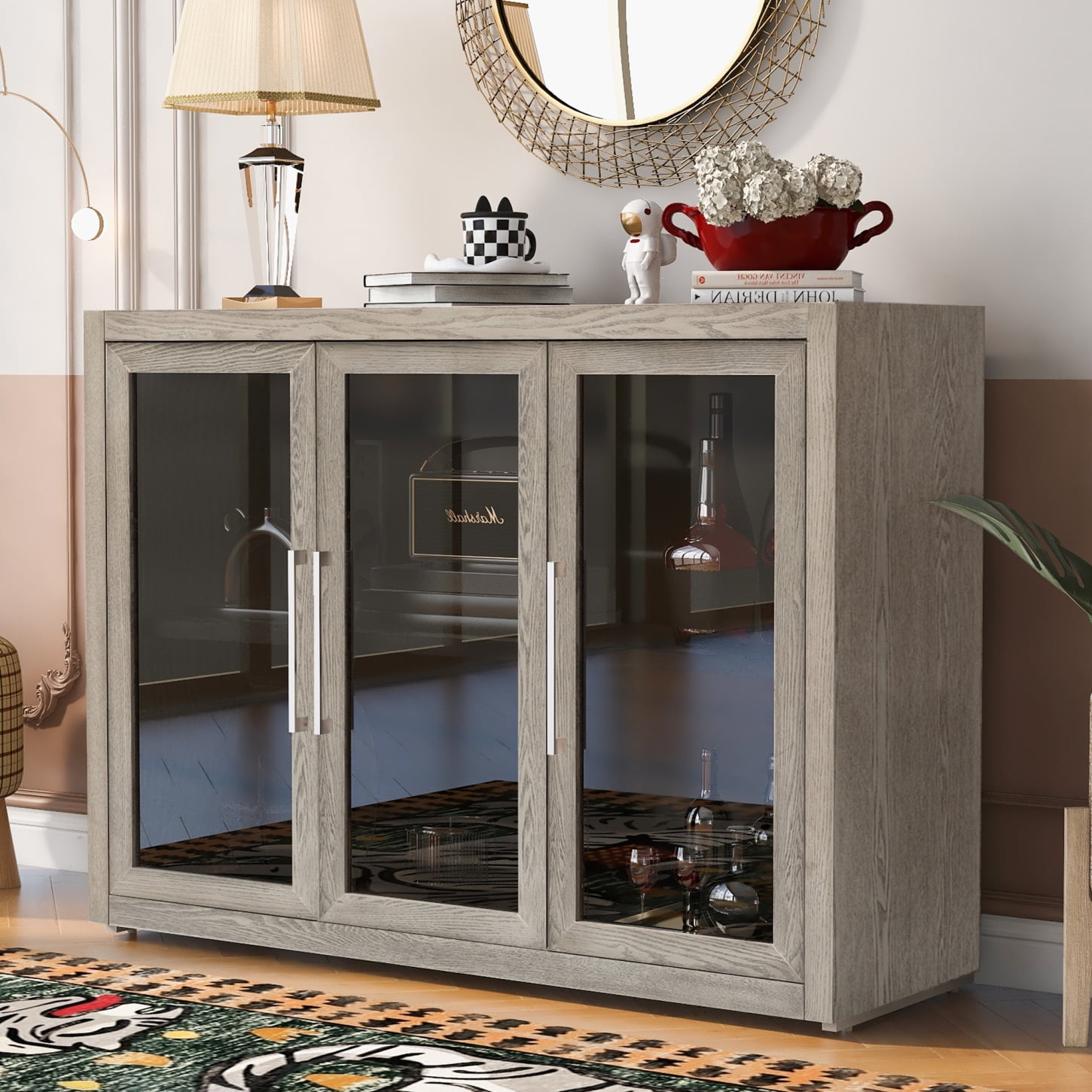 48'' Sideboard Buffet Cabinet, Wood Storage Cabinet with 3 Tempered ...