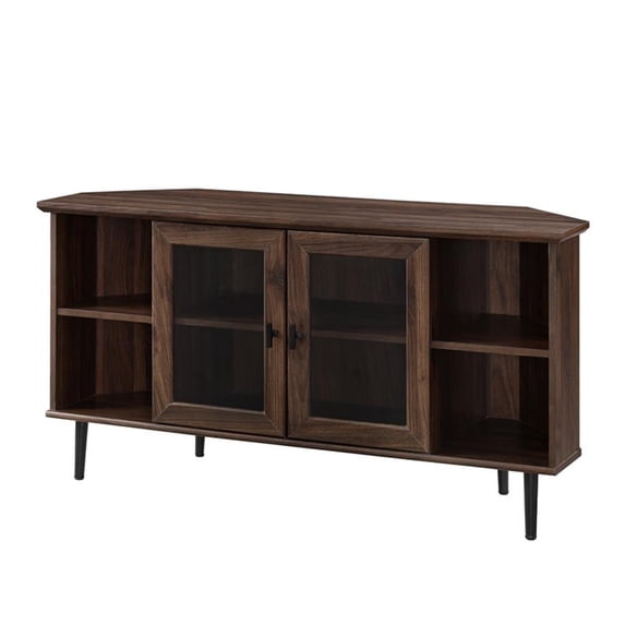 "48"" Dark Walnut Wood Corner TV Console Cabinet Stand with Glass Doors ...