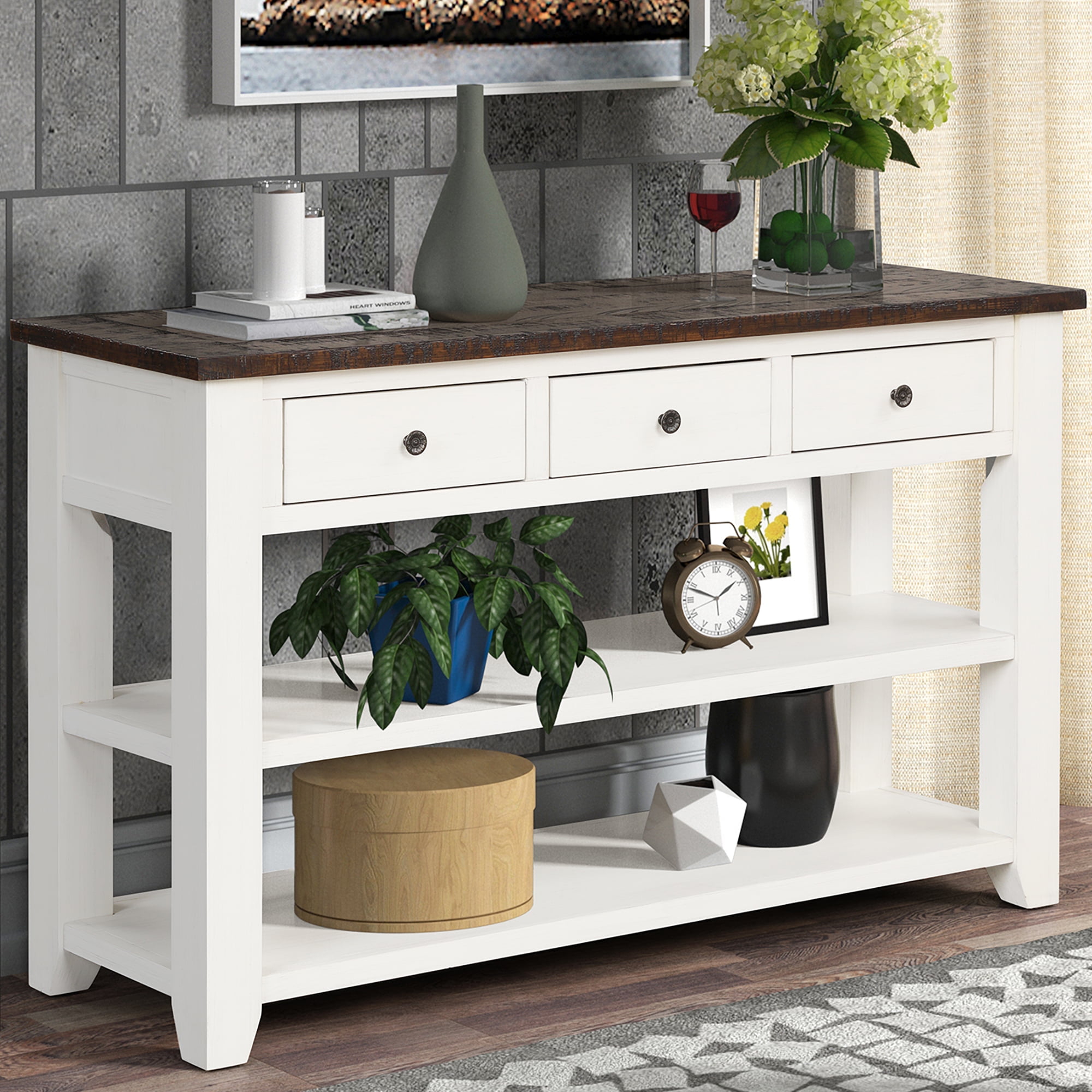 48'' Solid Pine Wood Top Console Table, Modern Entryway Sofa Side Table ...