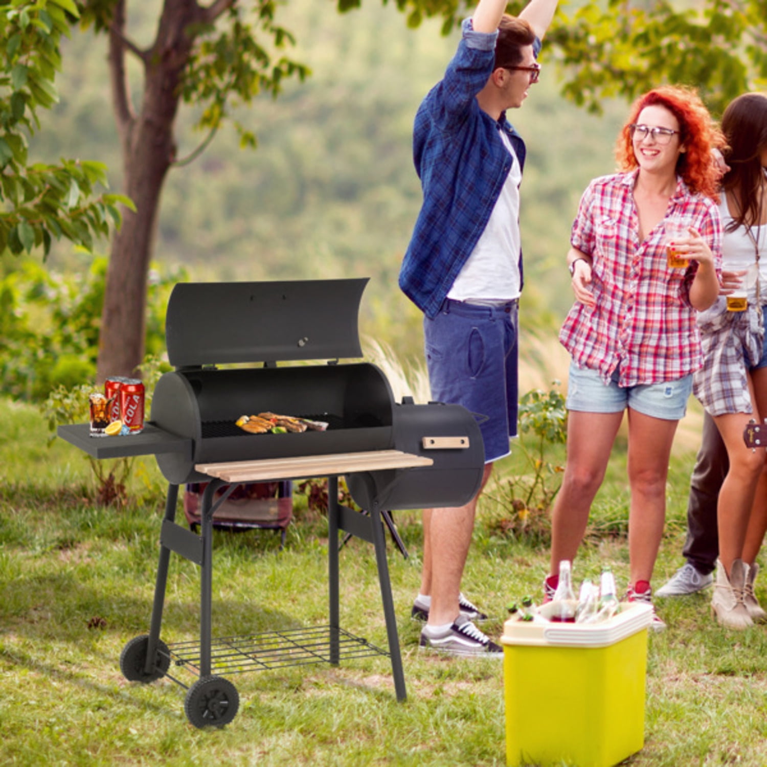 48" Steel Portable Backyard Charcoal BBQ Grill And Offset Smoker Combo ...
