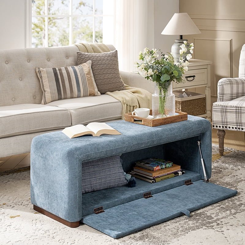 48" Storage Bench Upholstered Modern Footrest Stool Solid Wood Legs ...