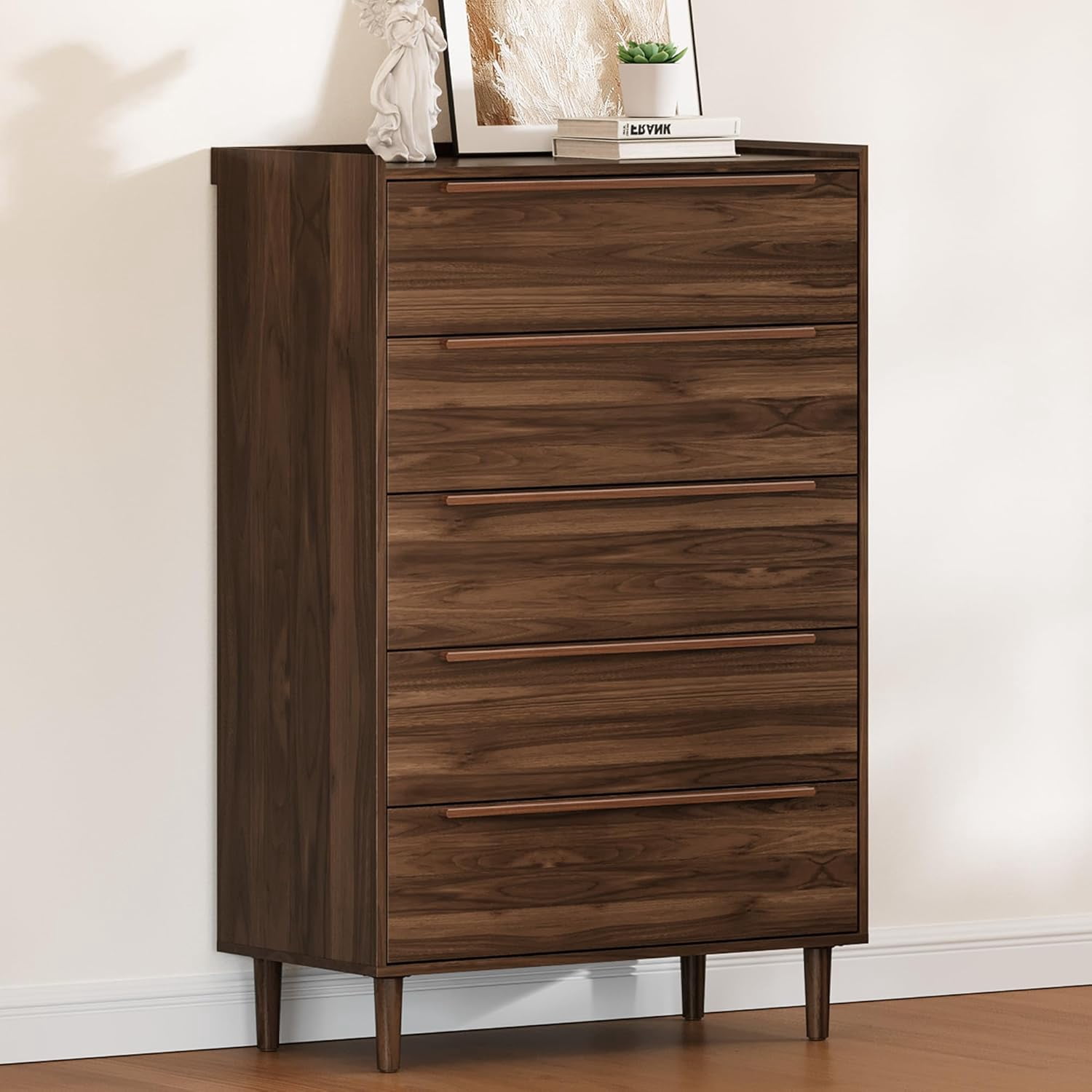 48" Tall Walnut Dresser for Bedroom, Mid-Century Modern 5 Drawer Chest ...