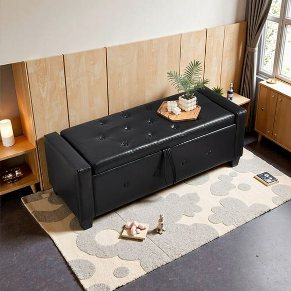 48" Upholstered Faux Leather Storage Ottoman Bench in Black – Versatile ...