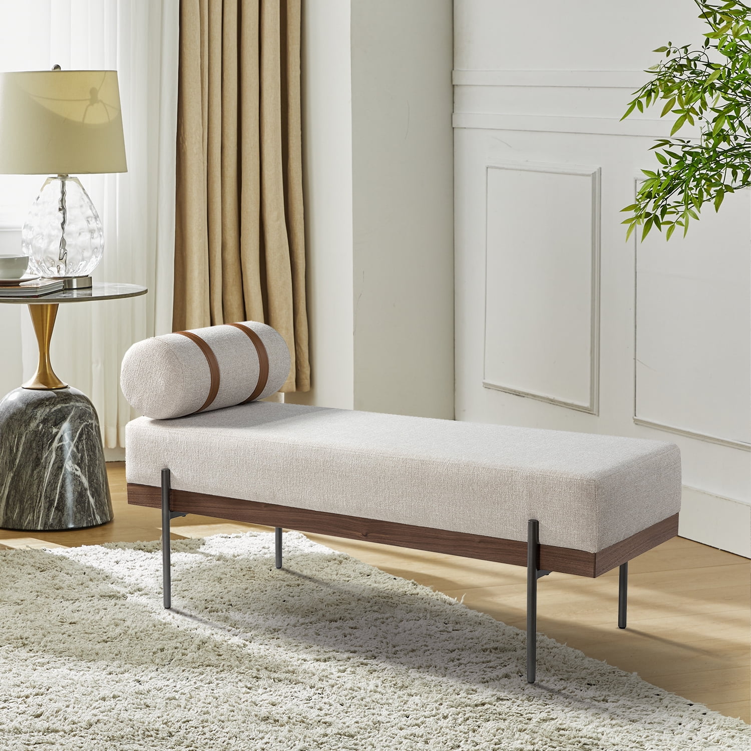 14 Karat Home 48" Upholstered Ottoman Bench with Pillow, Metal Legs ...