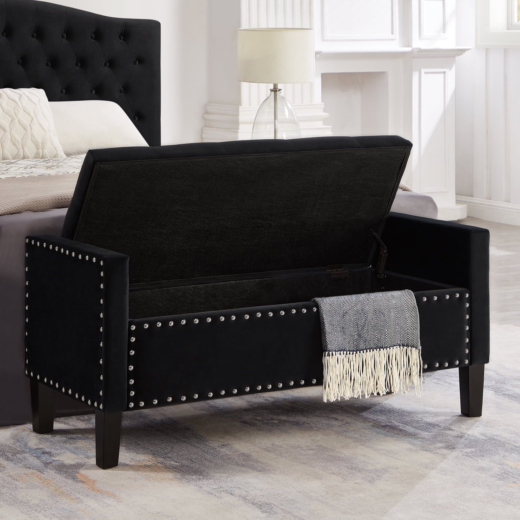 48" Velvet Tufted Storage Benches with Armrests - Espresso Rubberwood ...
