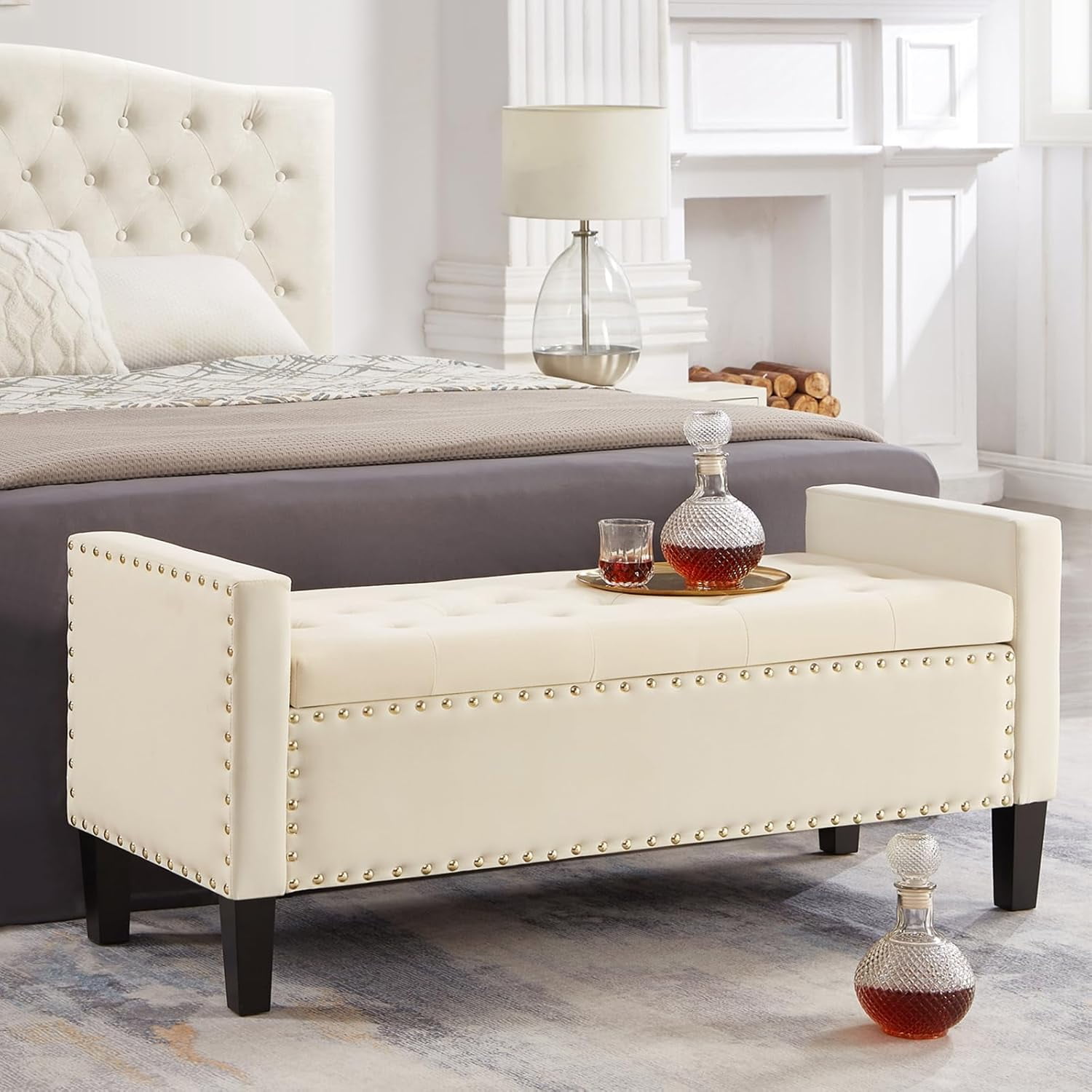 48" Velvet Upholstered Storage Ottoman,Luxury Rectangle Entryway Tufted ...