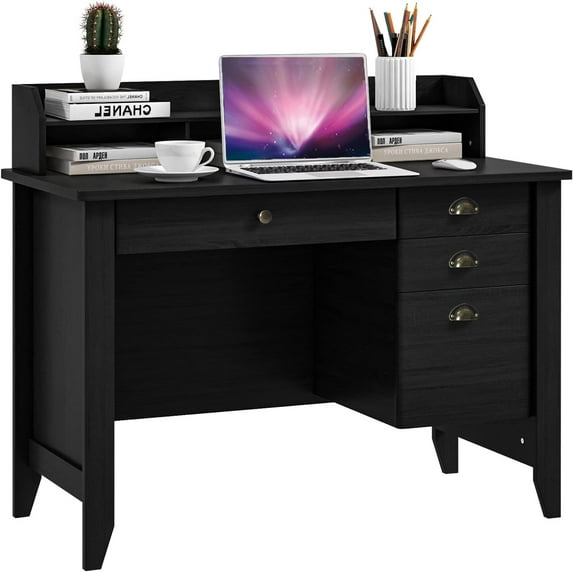 48" Vintage Computer Desk with 4 Storage Drawers & Top Hutch, Home ...