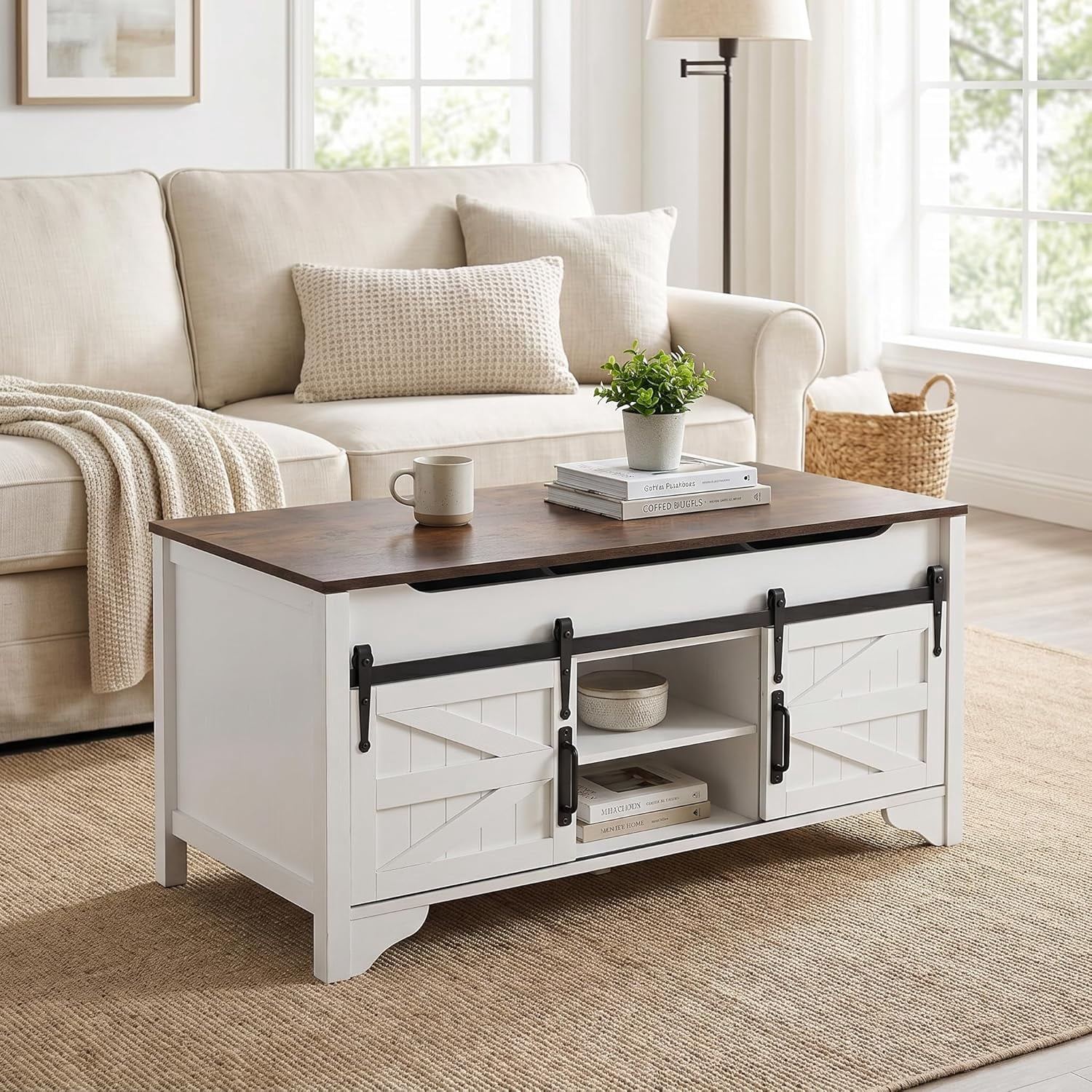 48" W Lift Top Coffee Table with Sliding Barn Door Rustic Rectangle ...