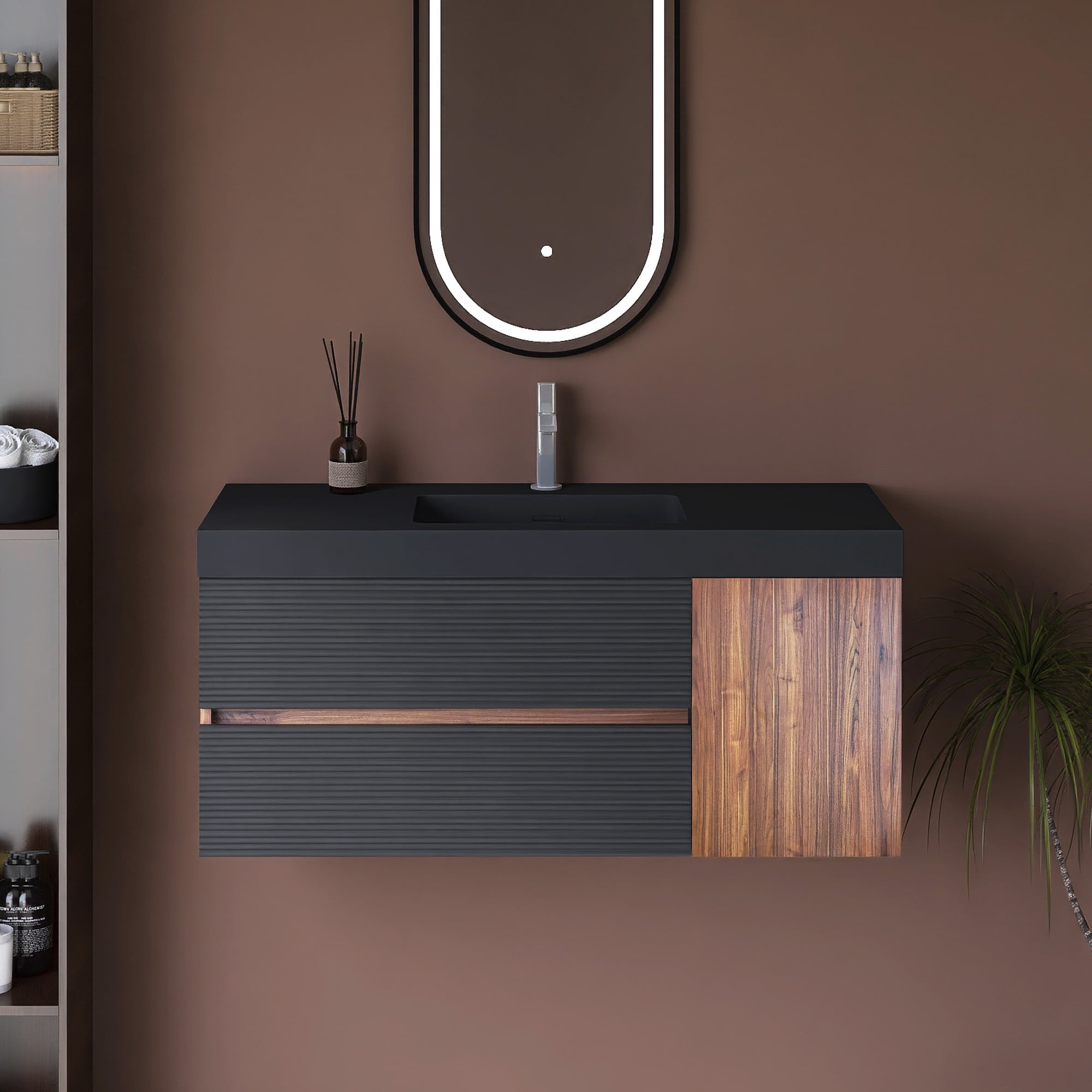48" Wall Mounted Floating Bathroom Vanity with Black Quartz Sink ...