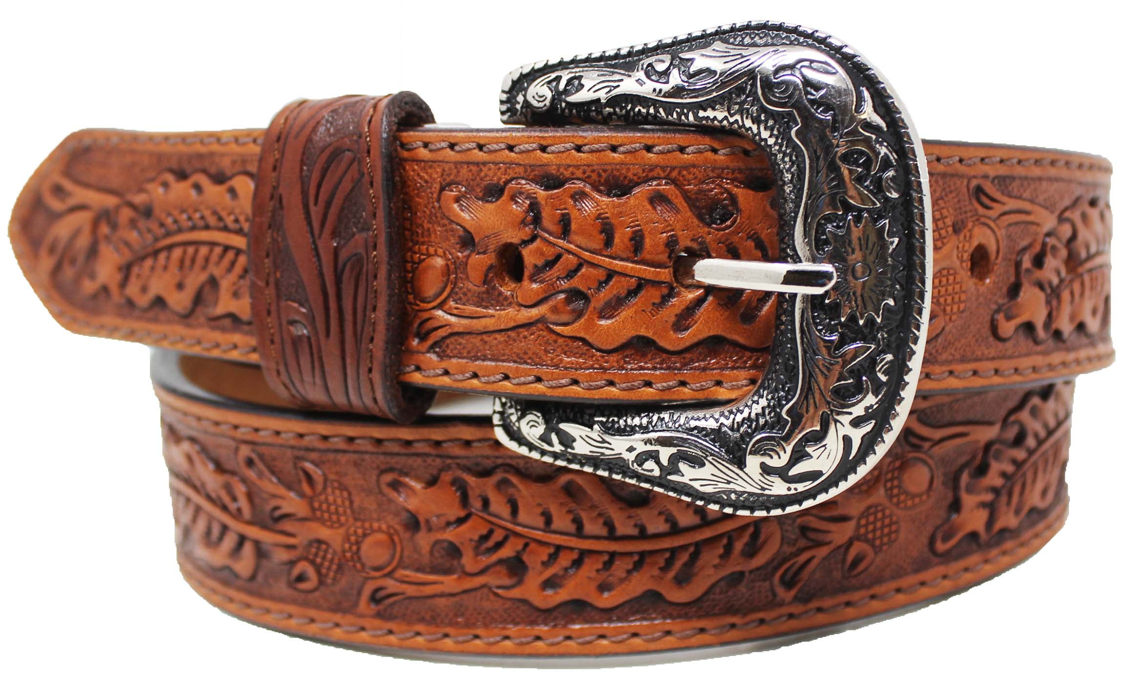 48 Western 1-1/2" Wide Oak Leaf Tooled Full-Grain Brown Leather Belt ...