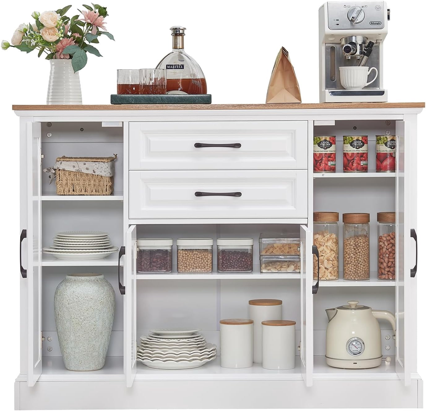 48" White Buffet Sideboard Credenza Cabinet with Storage Drawers and ...