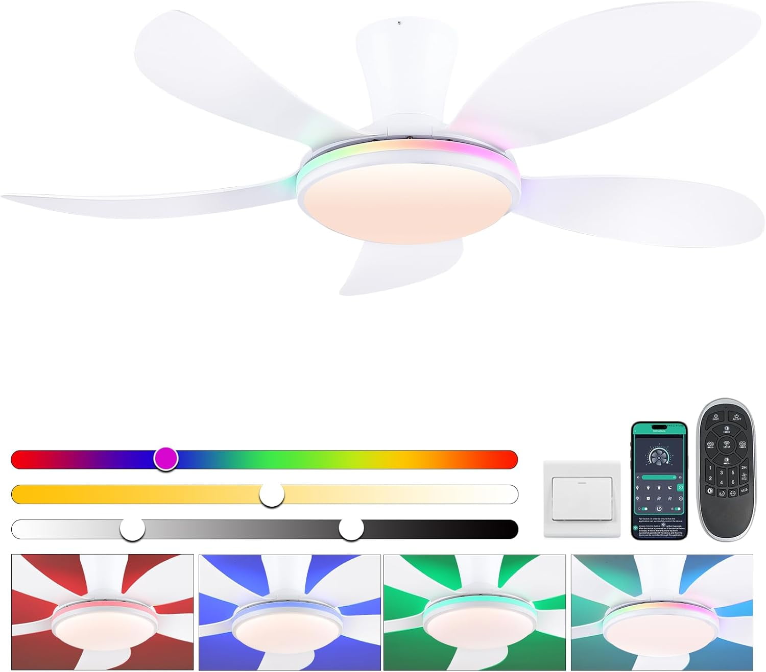 48" White Low Profile RGB Ceiling Fans with Lights and Remote/APP ...