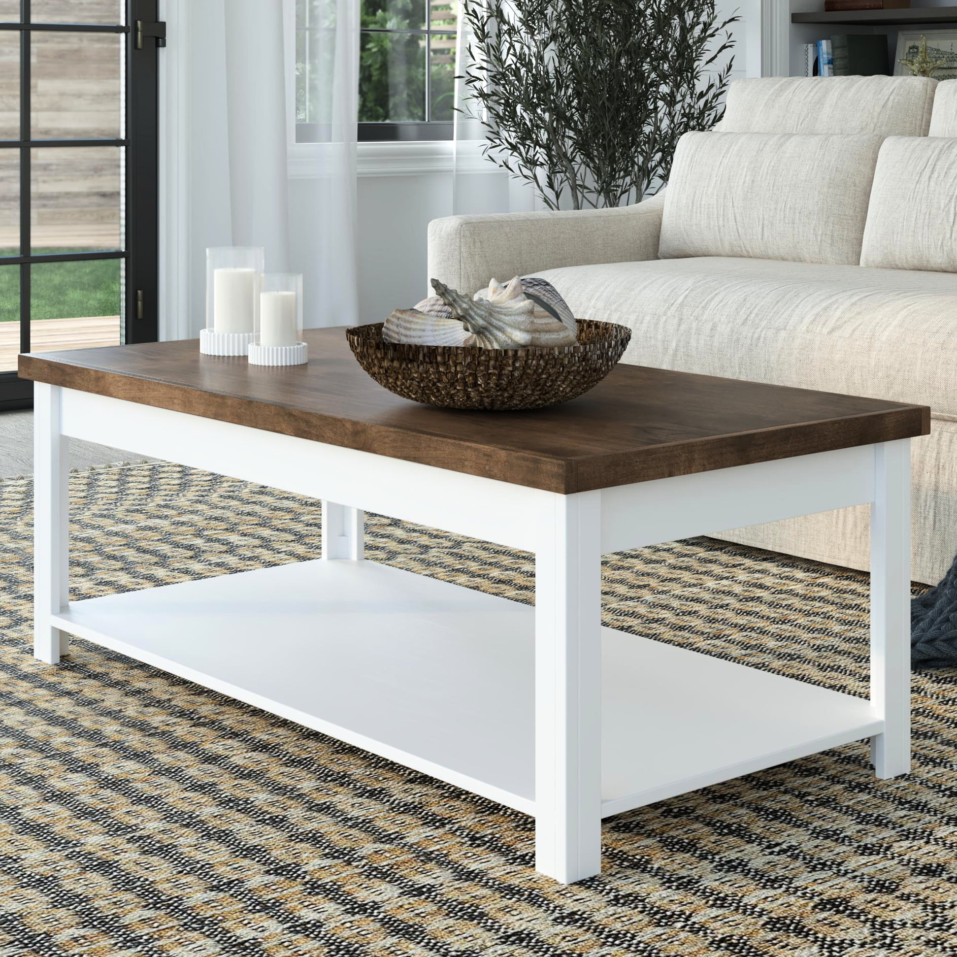 48" Whitewash Coffee Table, Poplar Wood & Lower Shelf Unit Jasmine ...