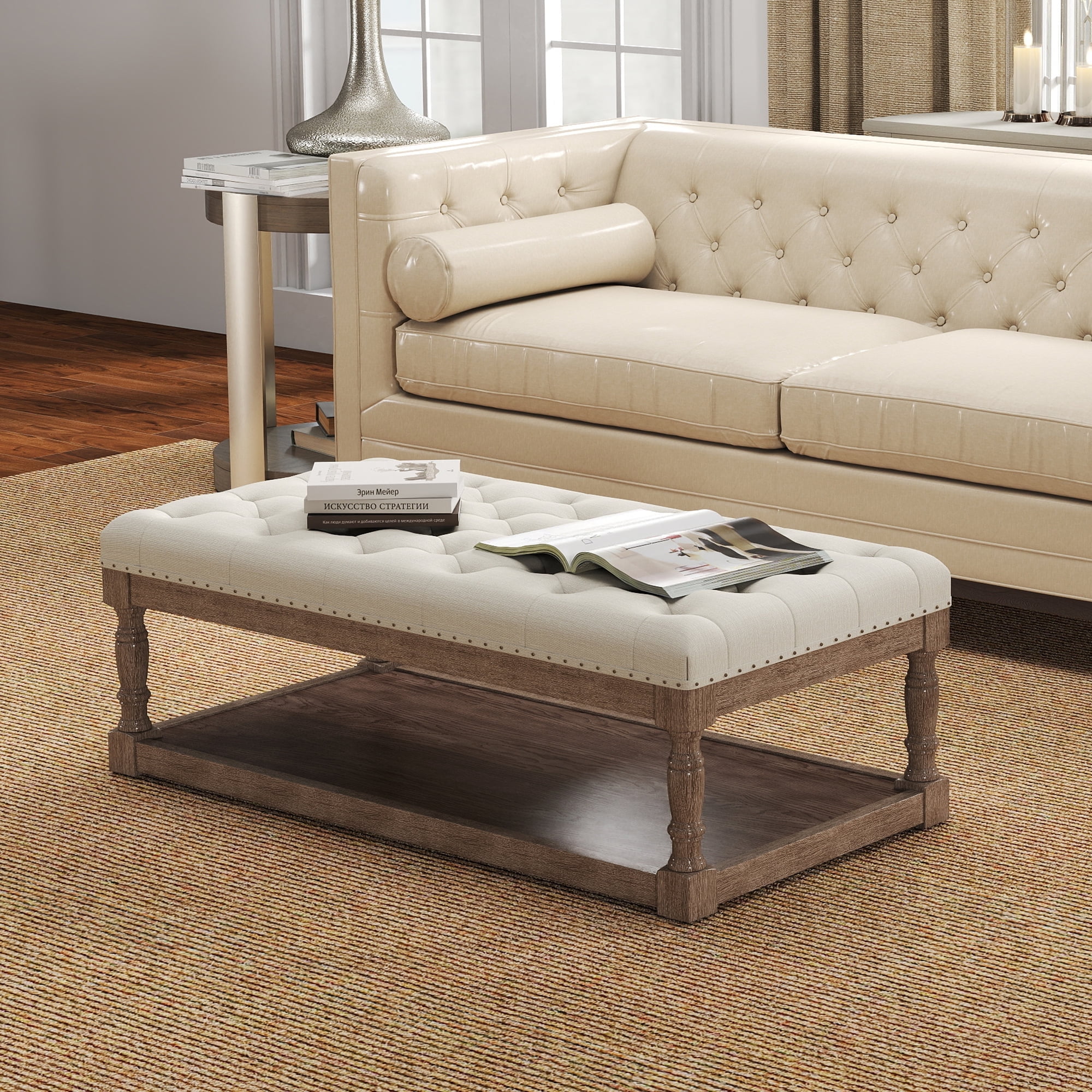 Rectangular Upholstered Tufted Linen Fabric Ottoman Bench,Padded Bench ...