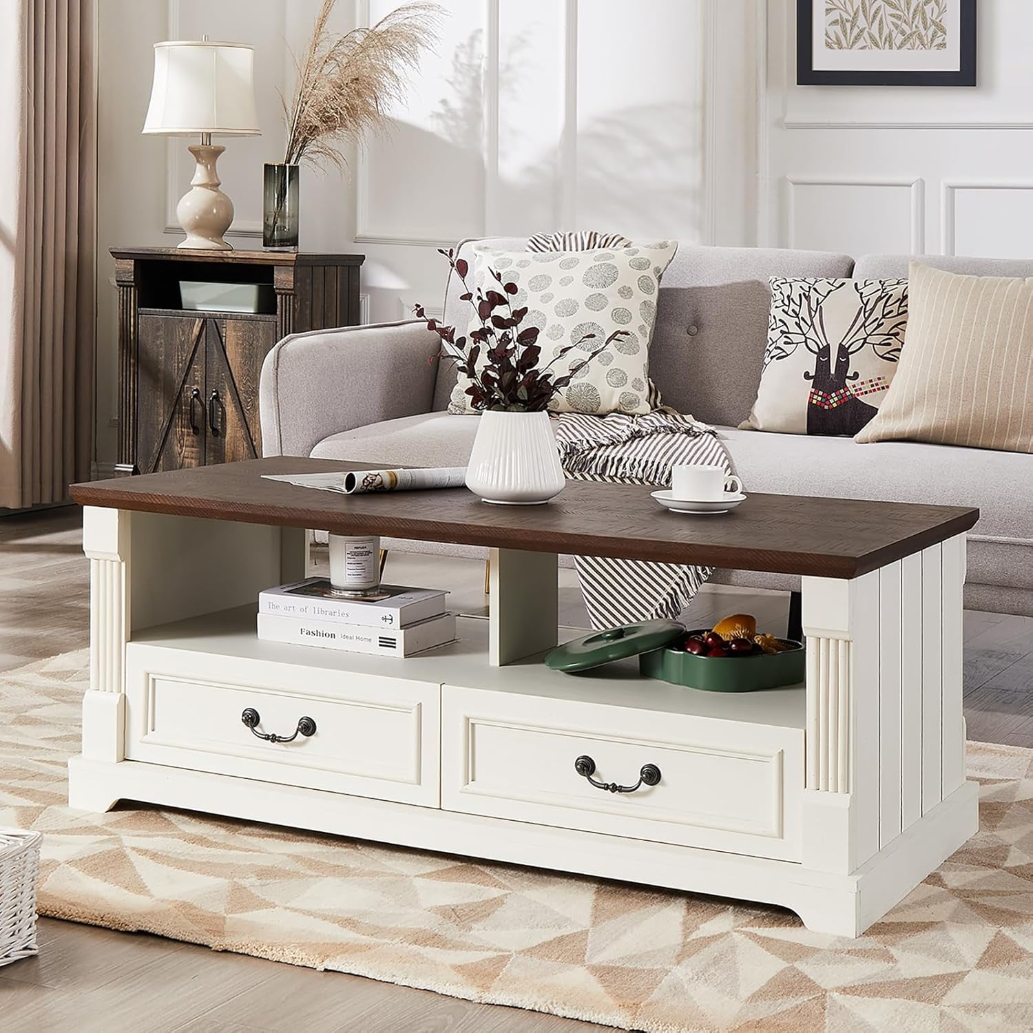 48'' Wood Coffee Table for Living Room, Farmhouse Coffee Table with ...