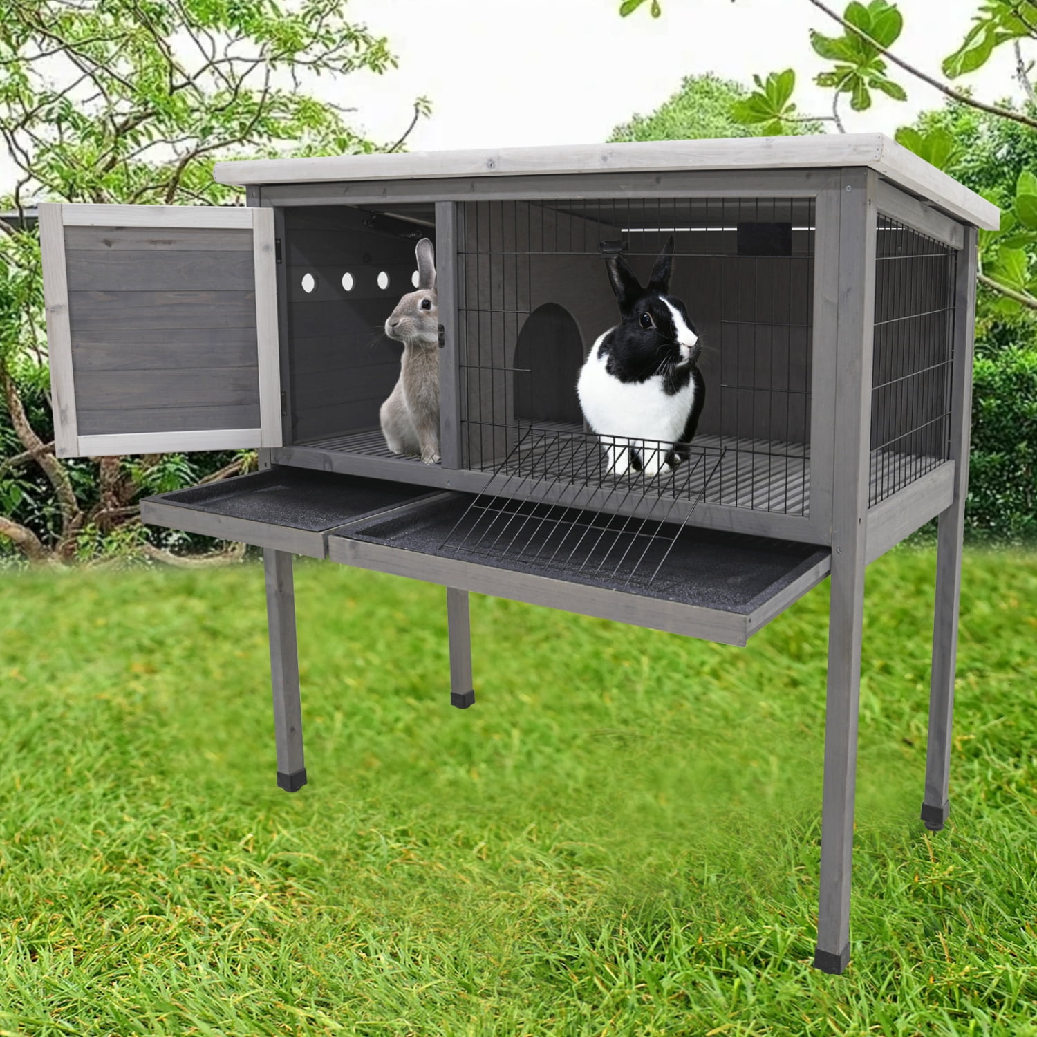 48”Wood Rabbit Hutch Indoor Outdoor Bunny Cage with Roof and Removable ...