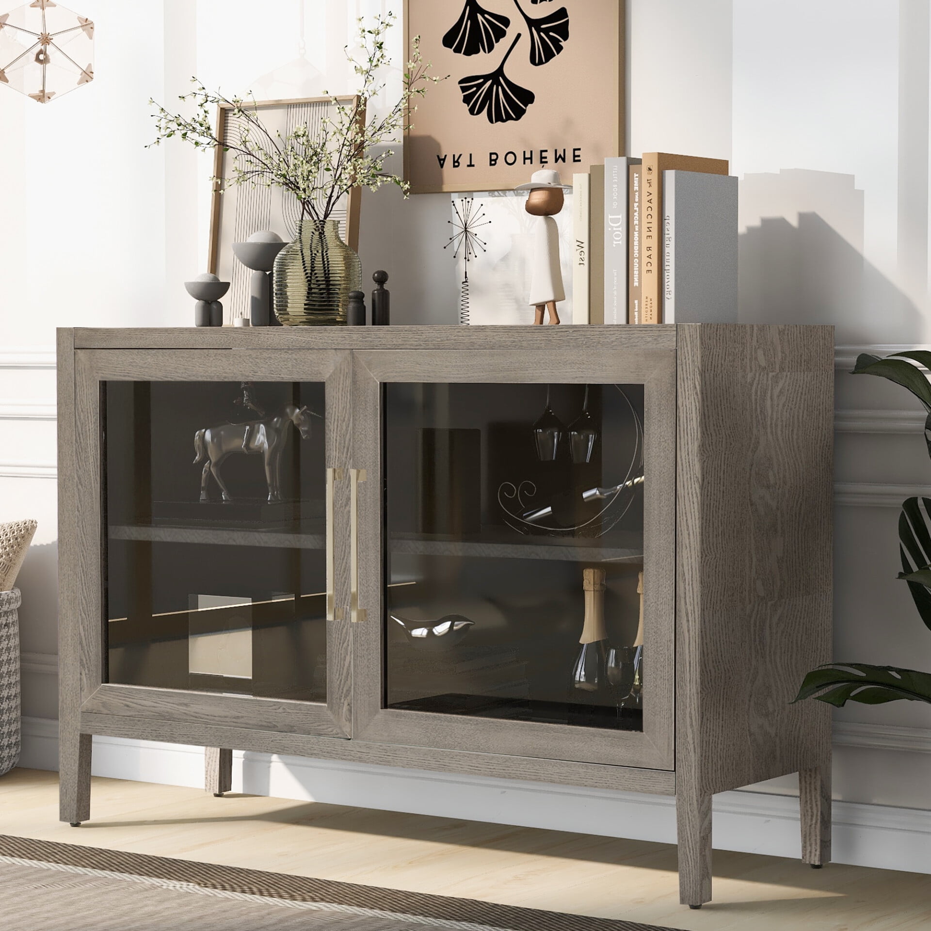 Wood Storage Cabinet with 2 Tempered Glass Doors,Sideboard Buffet ...