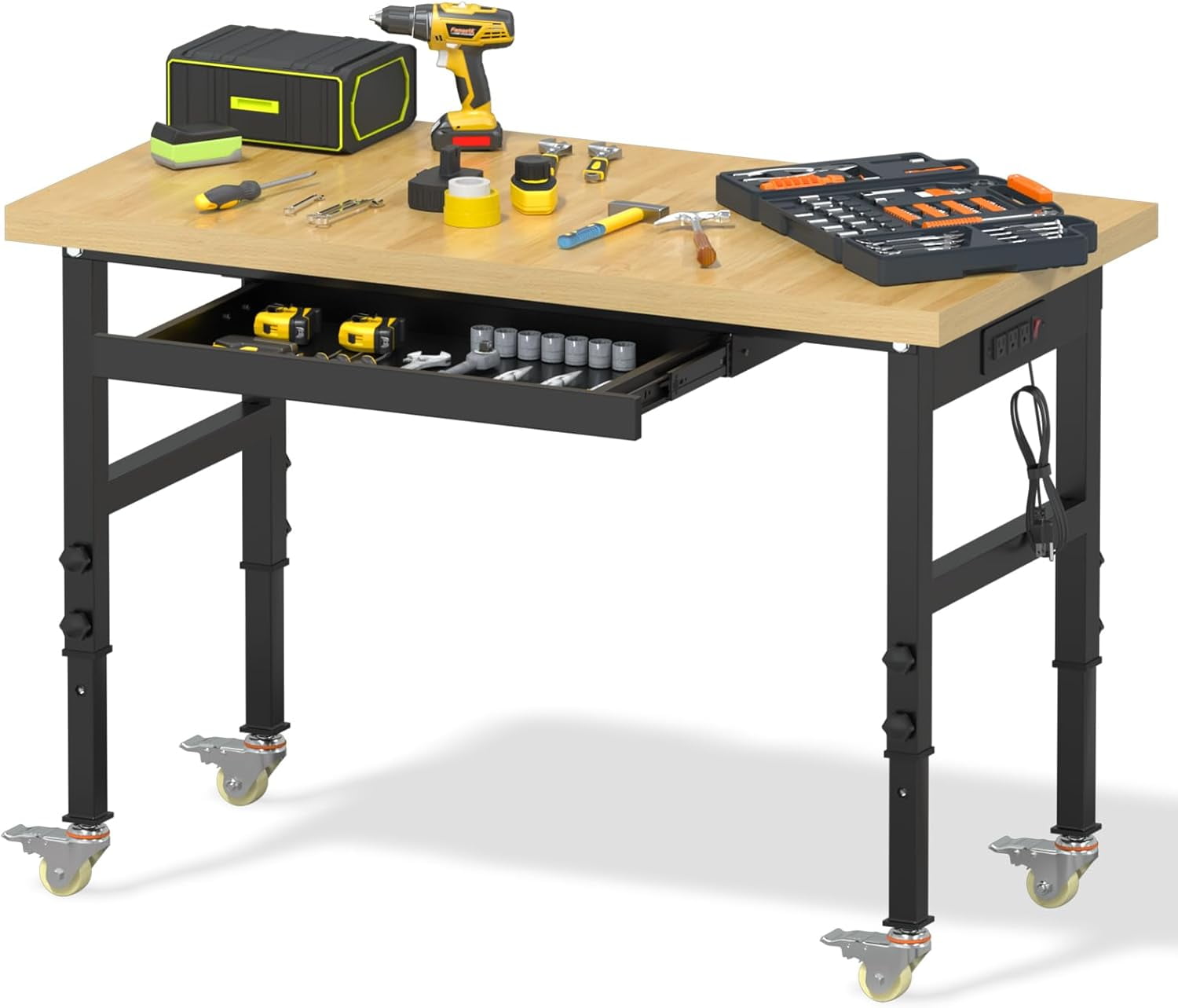 48" Work Bench with Drawers, Portable Workbench with Wheels and Power ...
