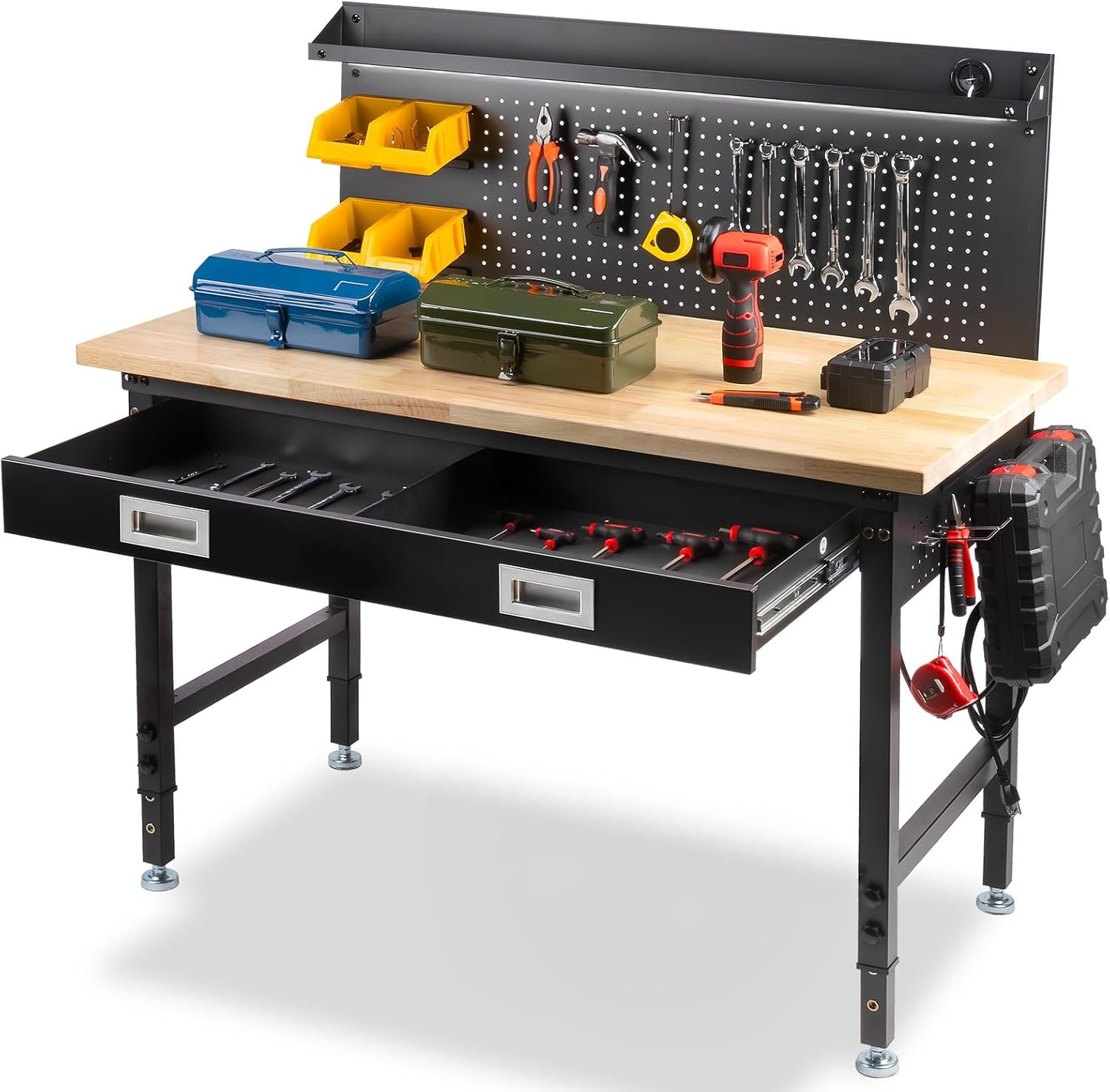 48" Workbench with Drawers, Work Benches for Garage with Strip Light, Adjustable Work Table with ...