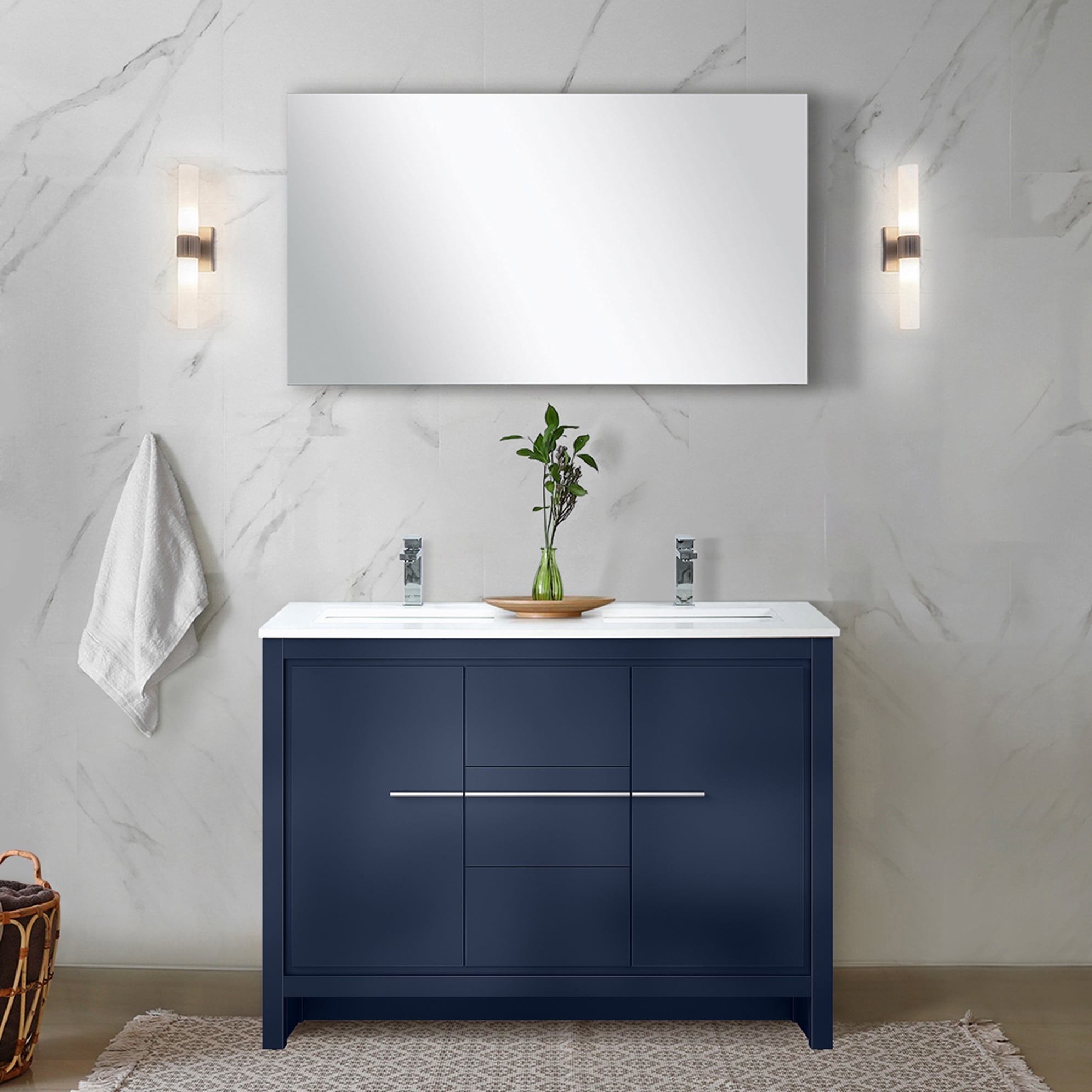 48" X 20" Navy Blue Double Bath Vanity With White Quartz Top, Faucet ...