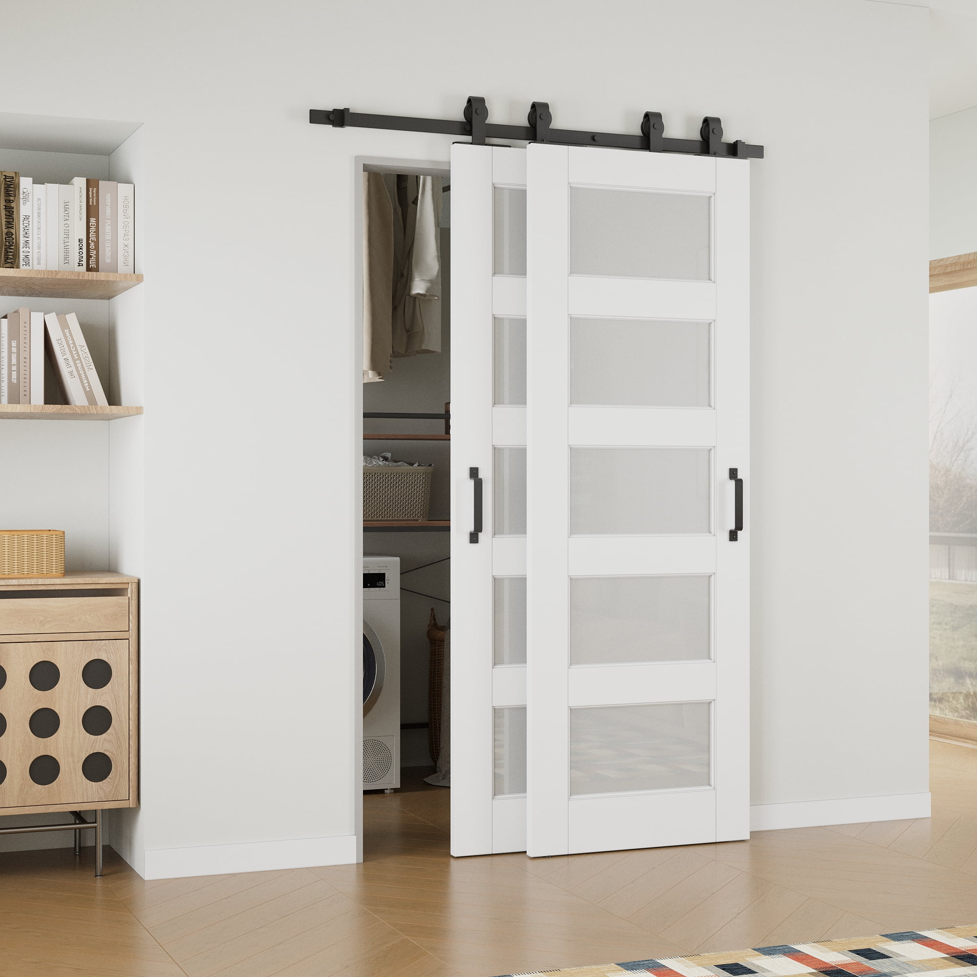 48" X 96" 5-Lite Glass White Primed Solid Core Sliding Bypass Barn Door ...