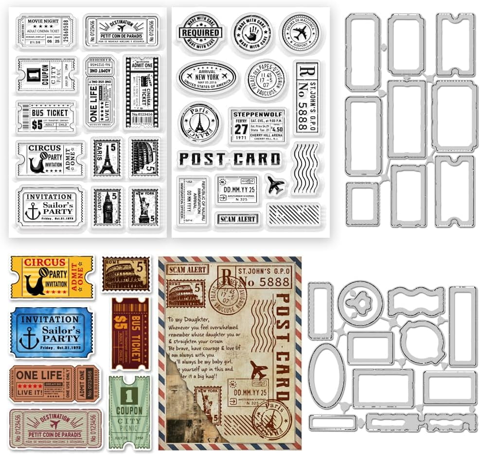 48 count Clear and Dies for Card Making Postcards Postmarks Labels ...