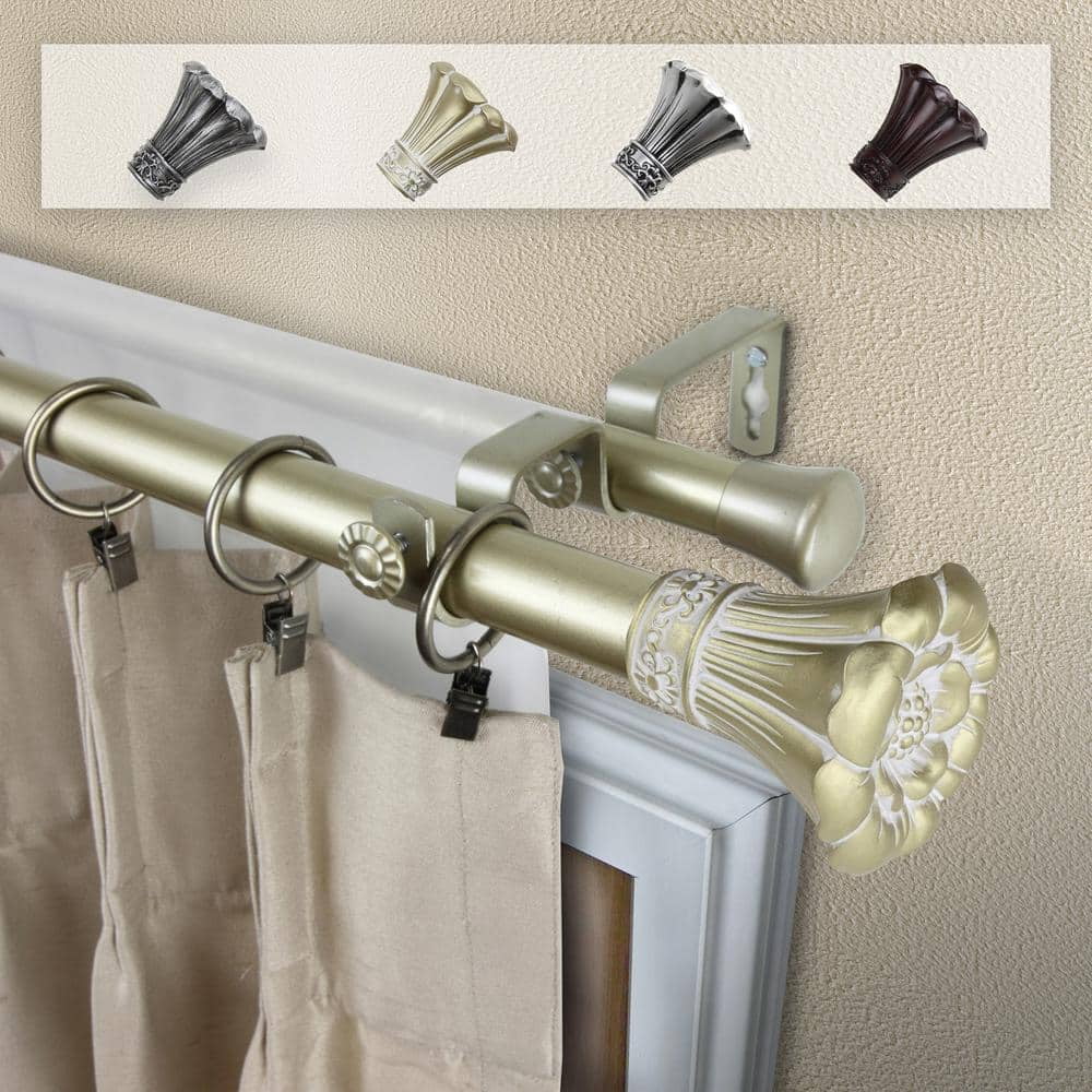 48 in. - 84 in. 1 in. Blossom Double Curtain Rod Set in Light Gold ...