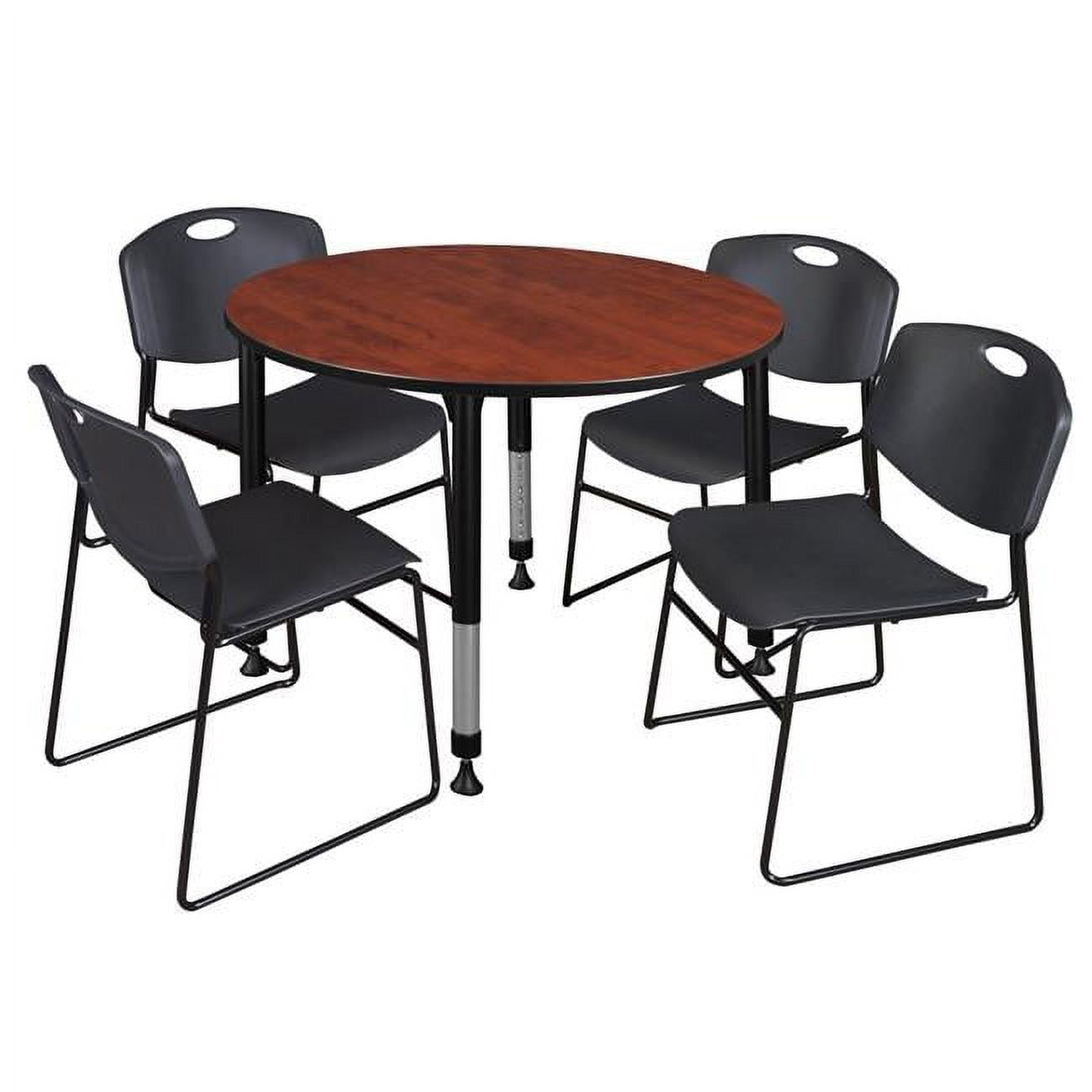 48 in. Cherry Kee Round Height Adjustable Classroom Table with 4 Black ...