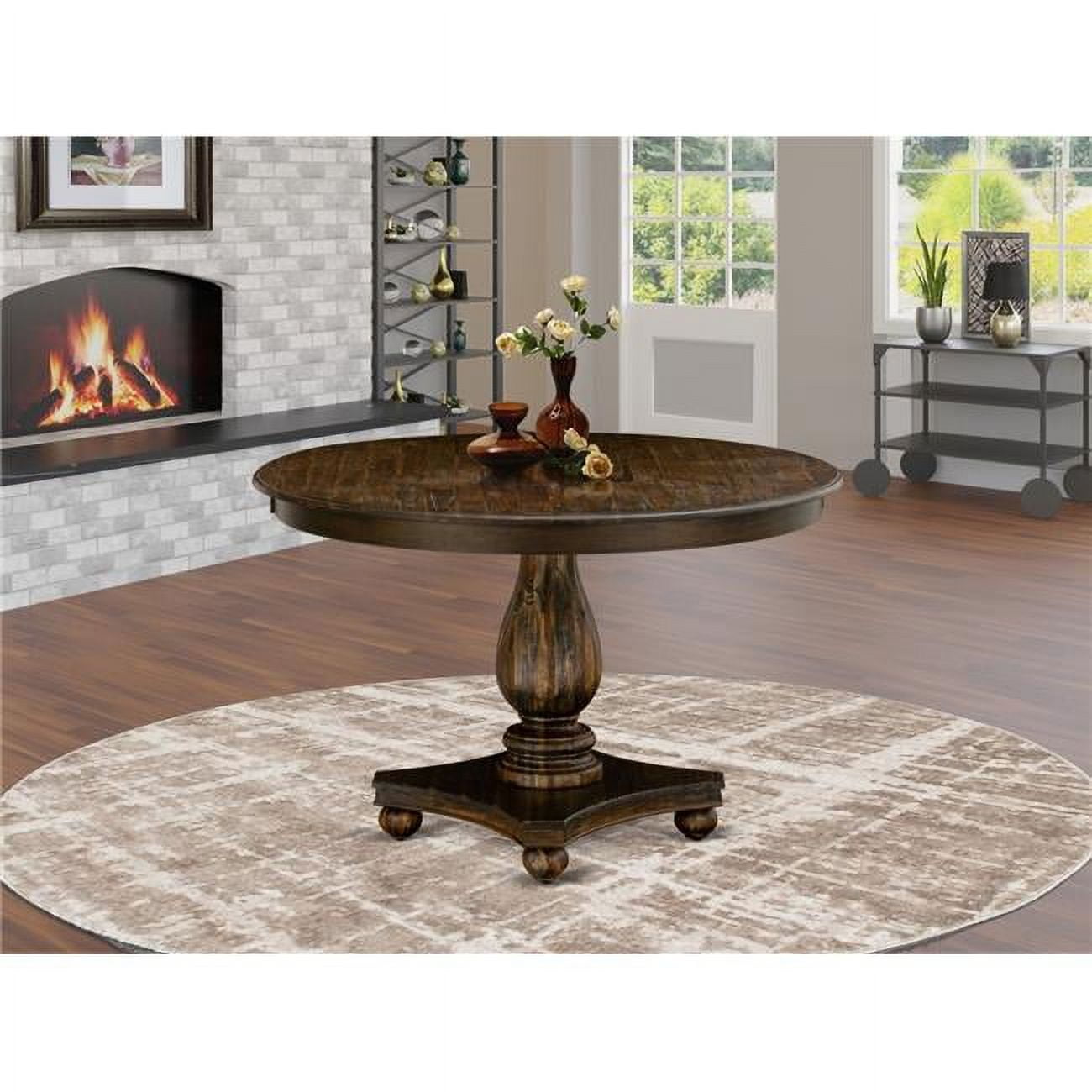 48 in. Ferris Round Dining Table with Pedestal & Rustic Rubberwood Table - Distressed Jacobean ...