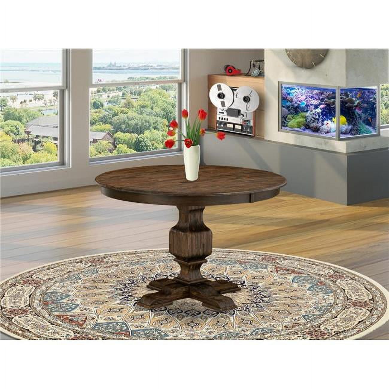 48 in. Ferris Round Dining Table with Pedestal & Rustic Rubberwood Table - Distressed Jacobean ...