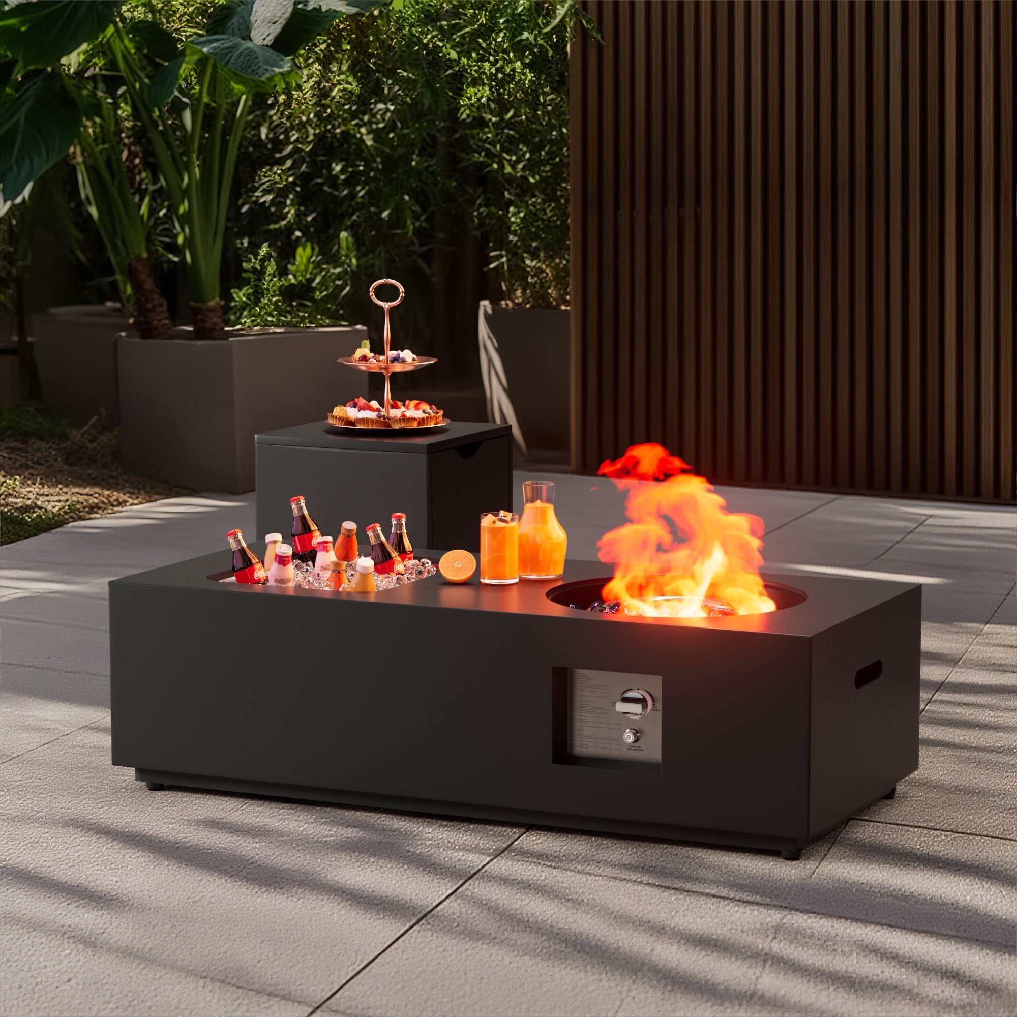 48 in. Rectangular Gas Fire Pit Table - 50,000 BTU Fire Table with Ice Bucket, Tank Cover for ...