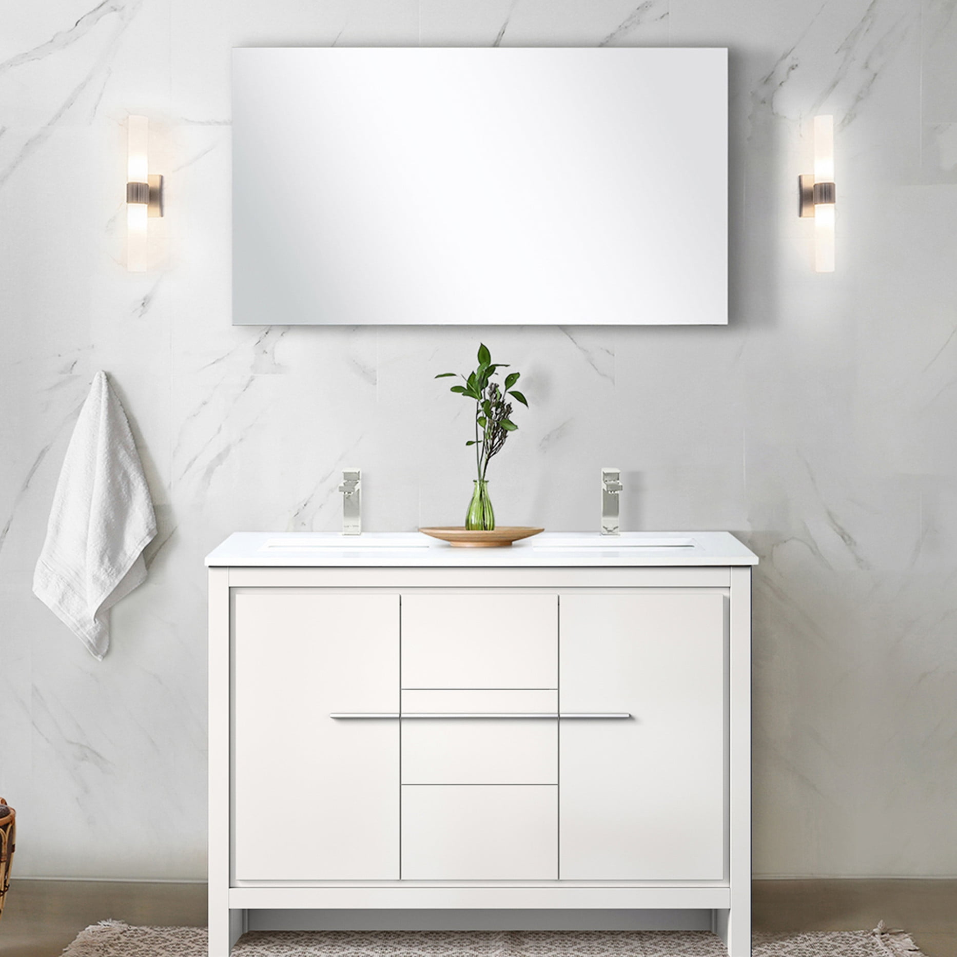 48 in. W White Double Sink Bath Vanity Set / Mirror & Storage Drawers ...