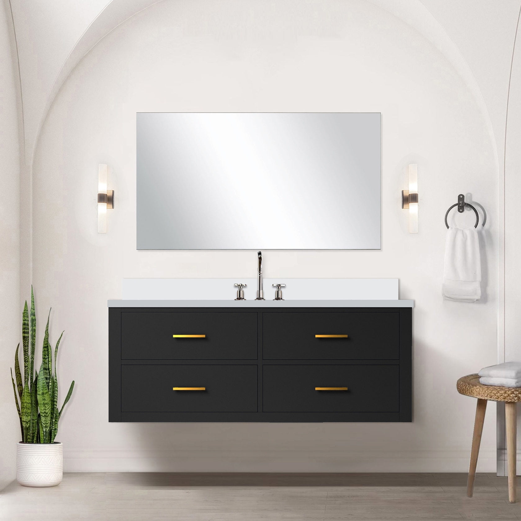 48 in. Wide Black Bathroom Vanity, Quartz Counter / Solid Wood Frame ...