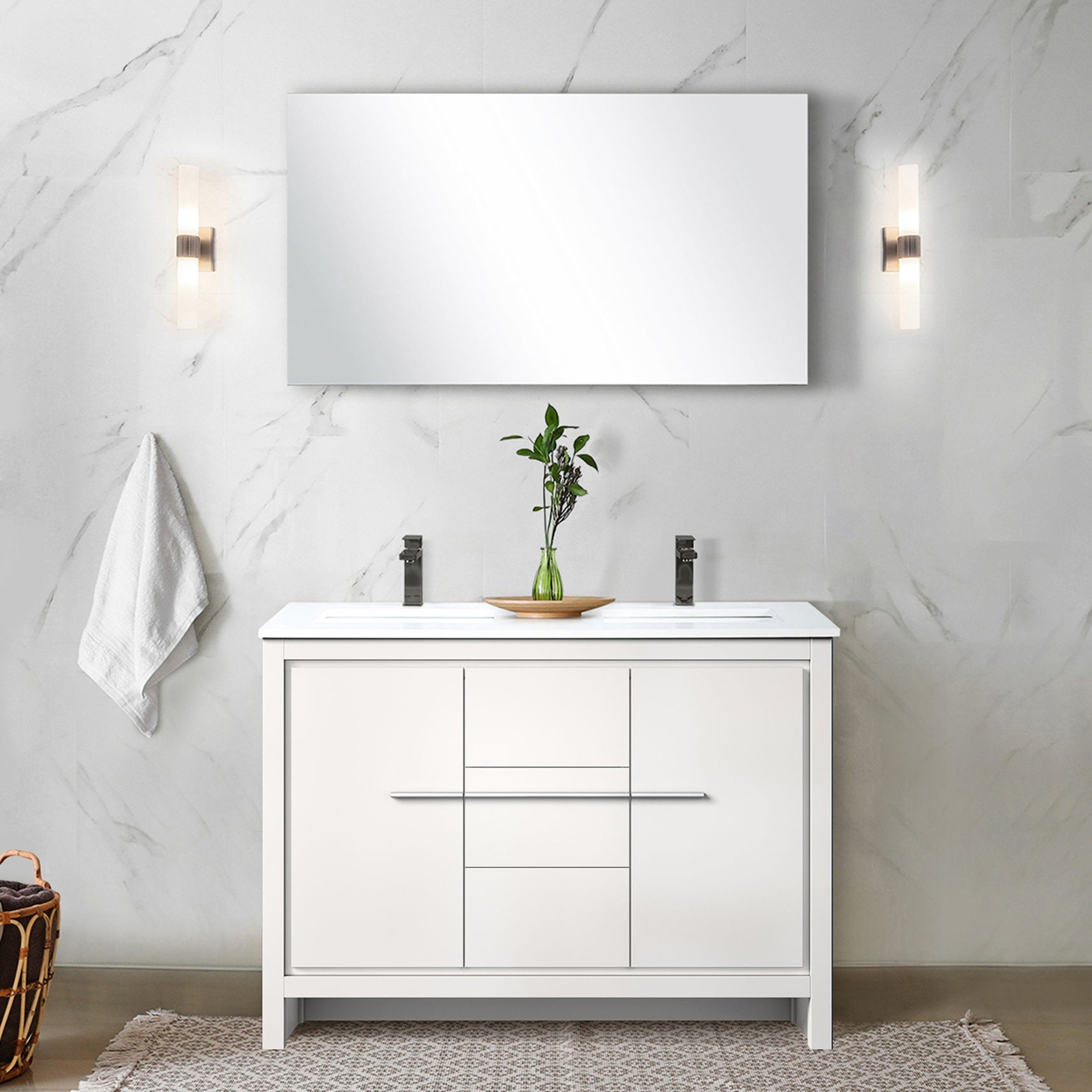 48 in. Wide White Vanity with Quartz Counter and Soft Close / Two ...